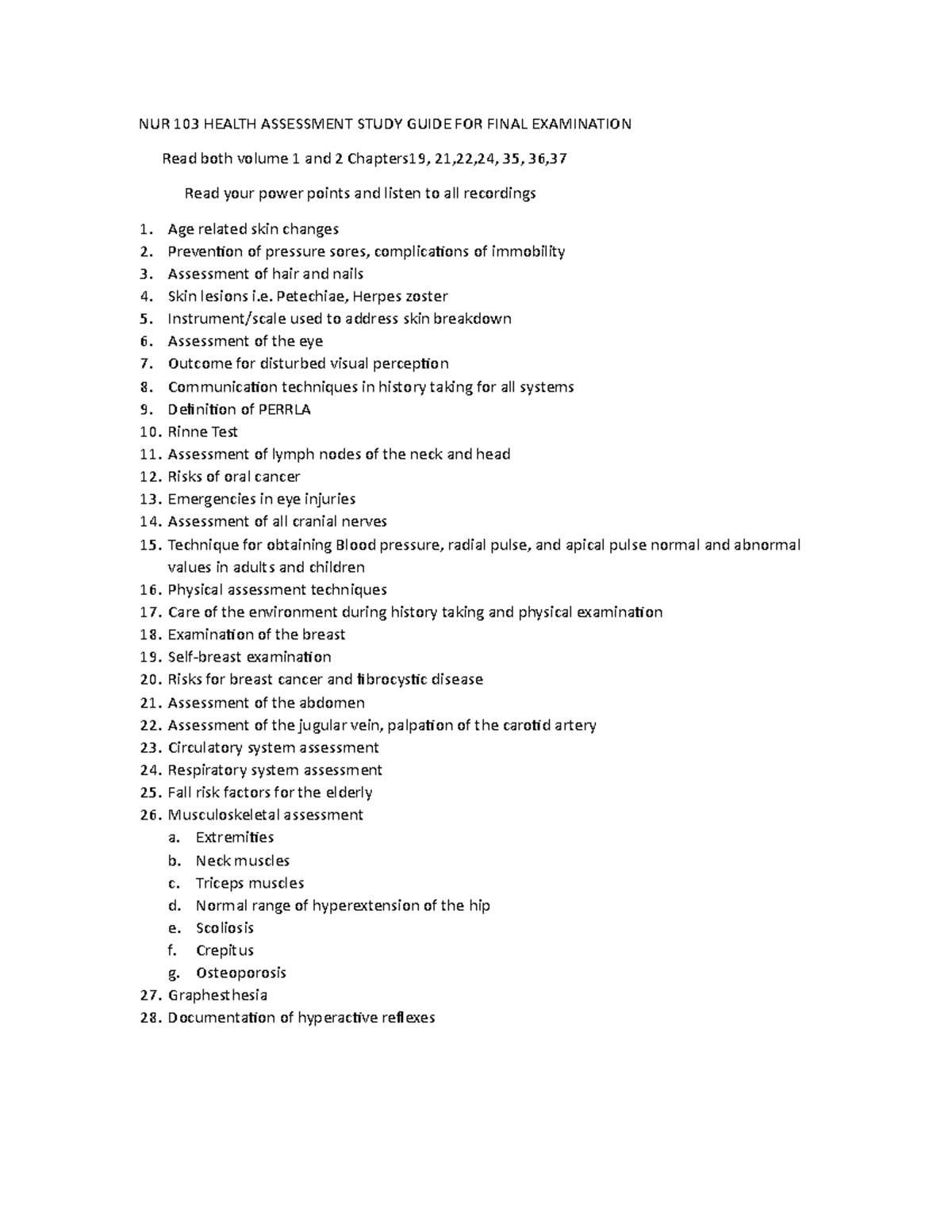 NUR 103 Health Assessment Study Guide FOR Final Examination - NUR 103 ...