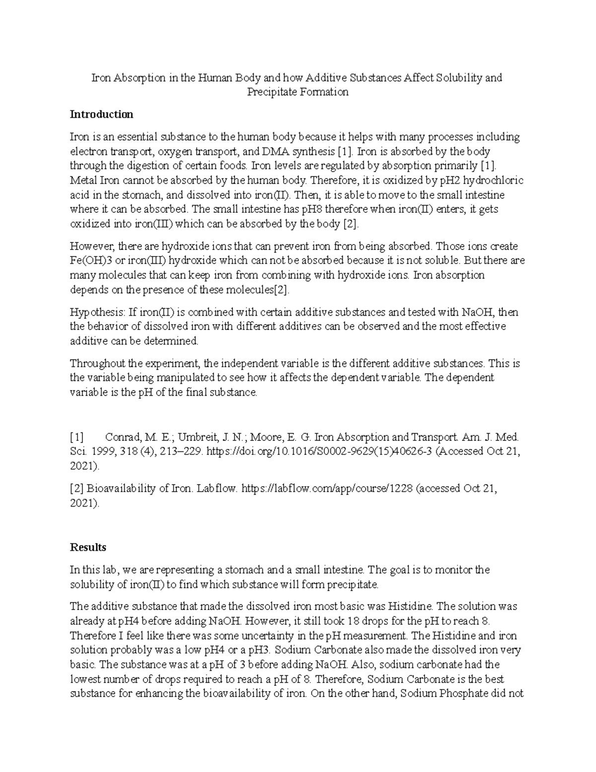 Bio of Iron Lab Report - Iron Absorption in the Human Body and how ...