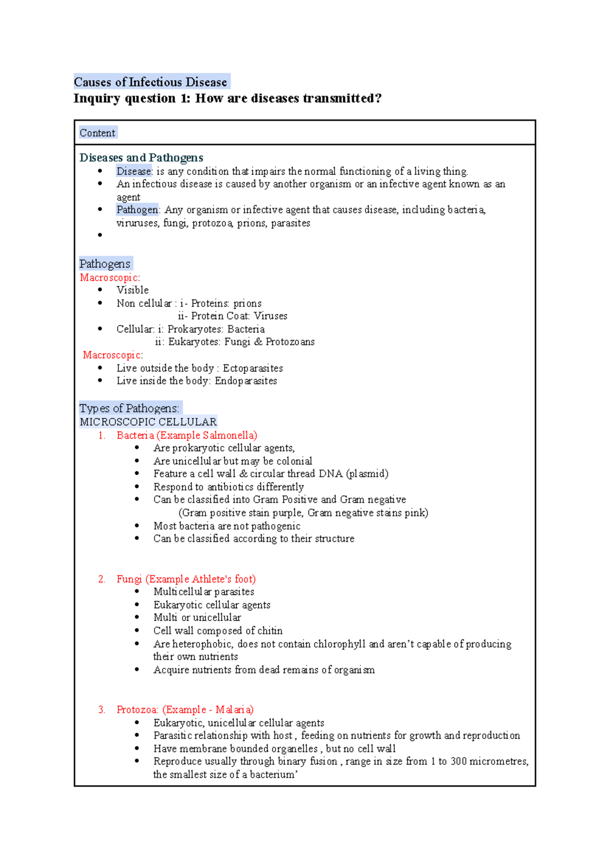 Module 7 Notes - Causes of Infectious Disease Inquiry question 1: How ...