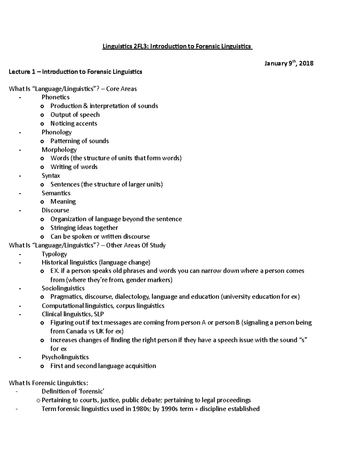 Linguistics 2FL3 - Lecture notes 1-3 - Linguistics 2FL3: Introduction ...