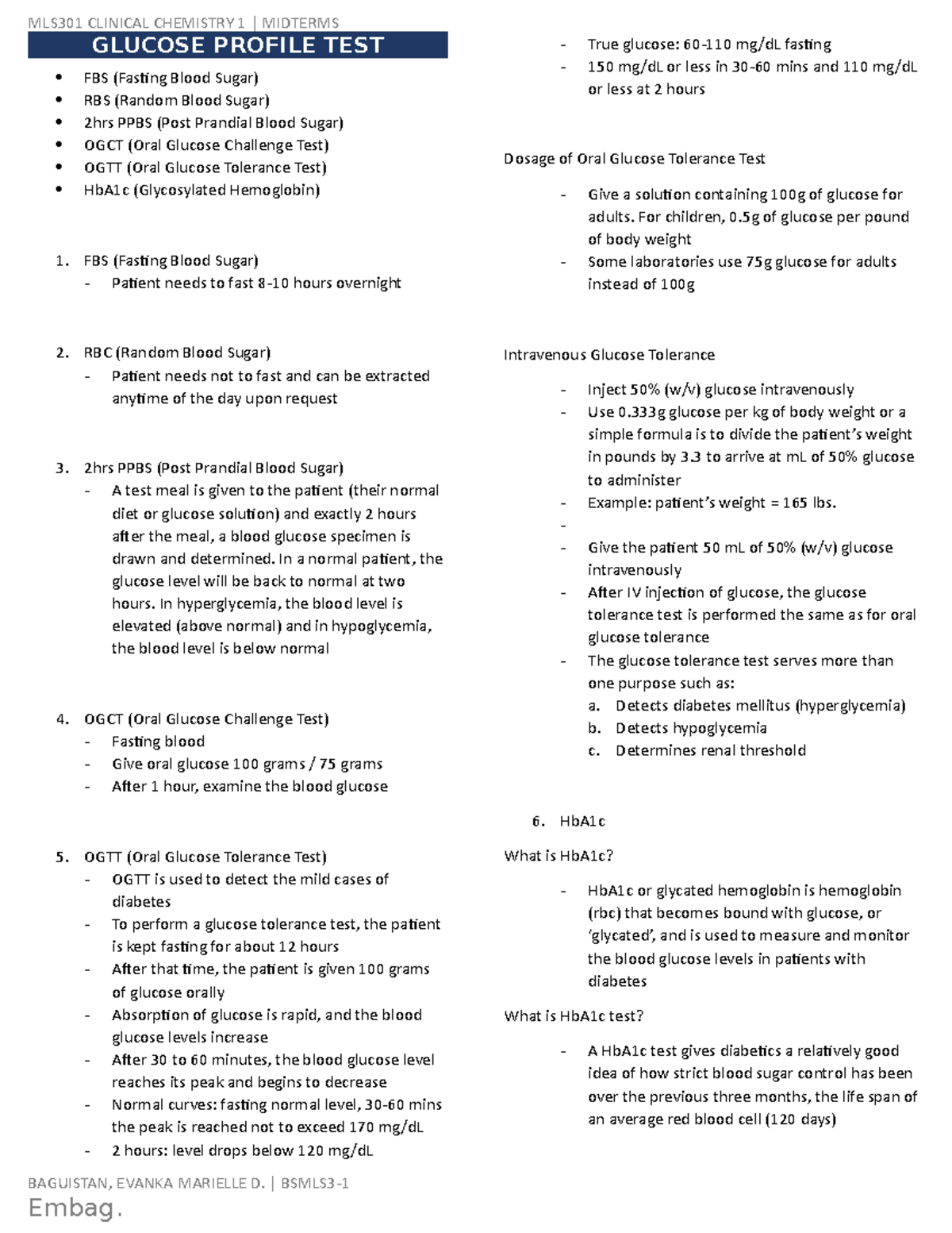 Clinical CHEM Midterms - GLUCOSE PROFILE TEST FBS (Fasting Blood Sugar ...