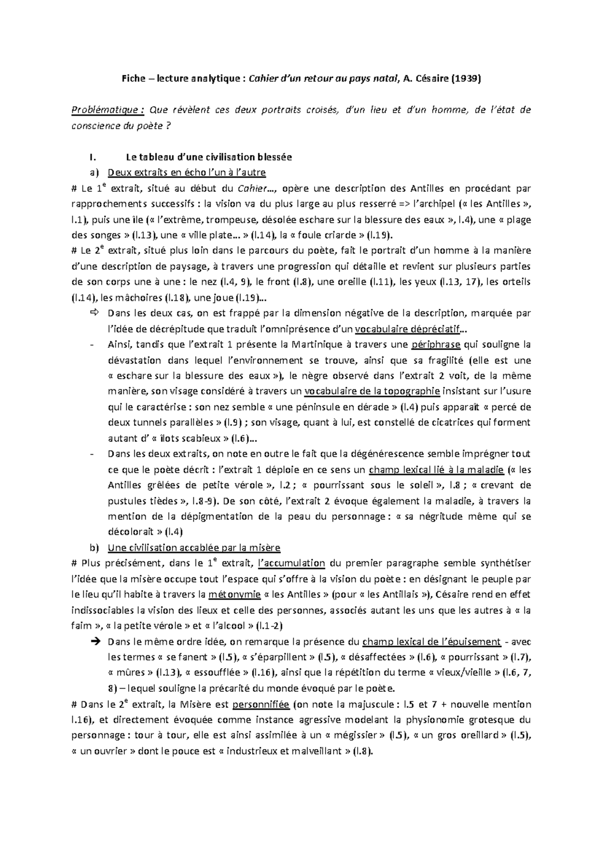 Fiche - cahier d un retour au pays natal - Fiche – lecture analytique ...