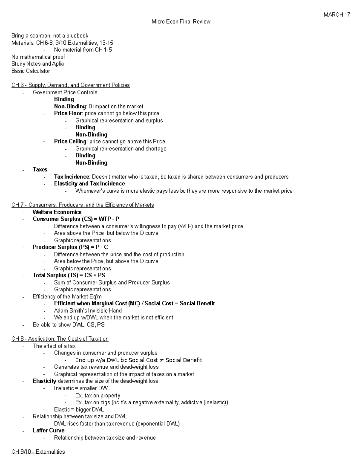 Micro Econ Final Review - MARCH 17 Micro Econ Final Review Bring a scantron; not a bluebook ...
