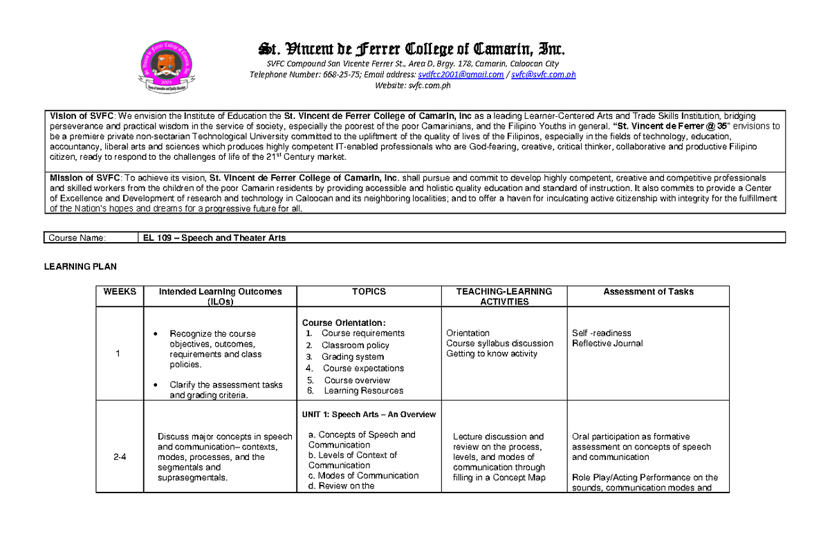 EL 109 Speech AND Theater ARTS - St. Vincent de Ferrer College of ...