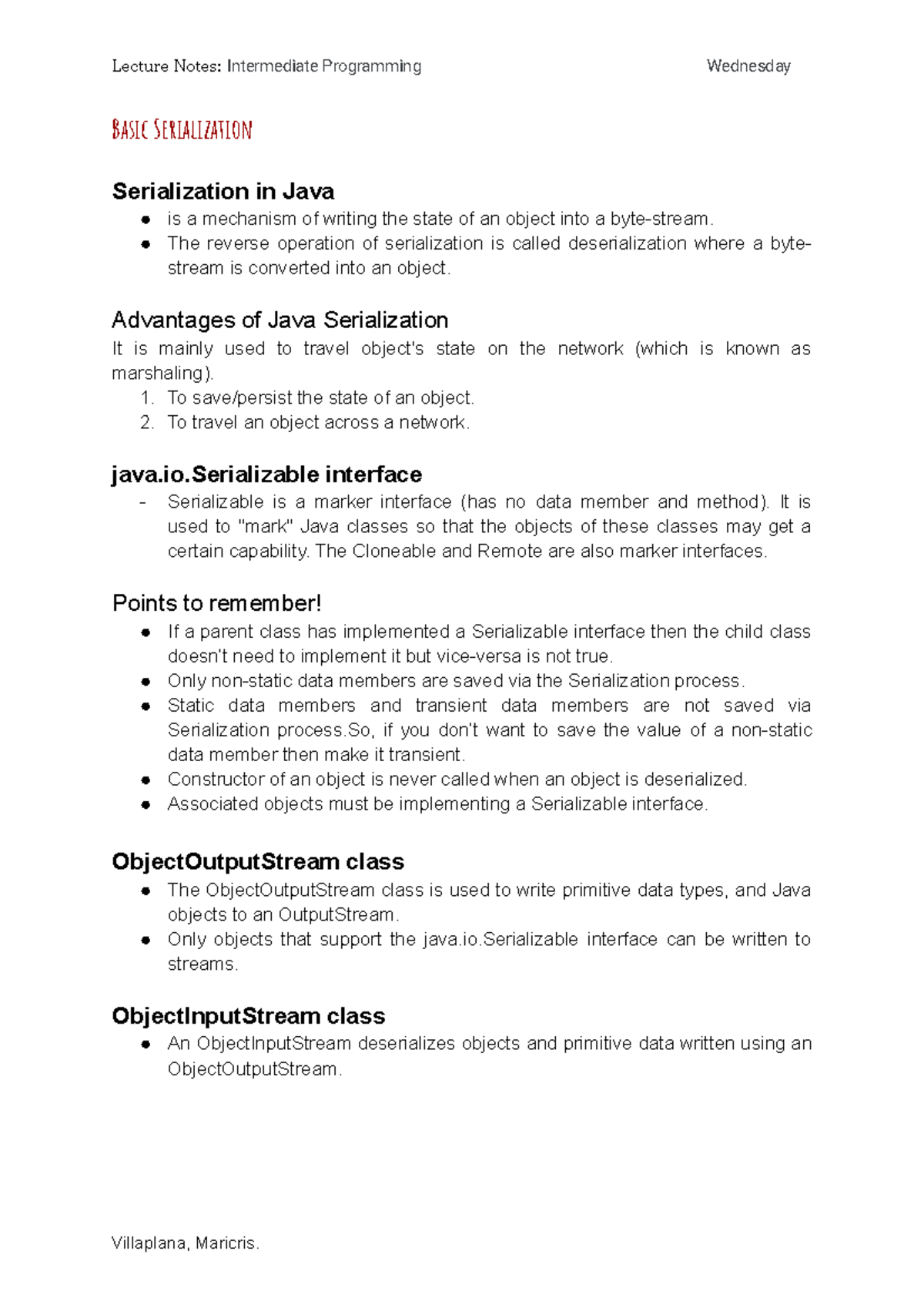 Basic Serialization Week7 Lecture Notes Lecture Notes Intermediate Programming Wednesday