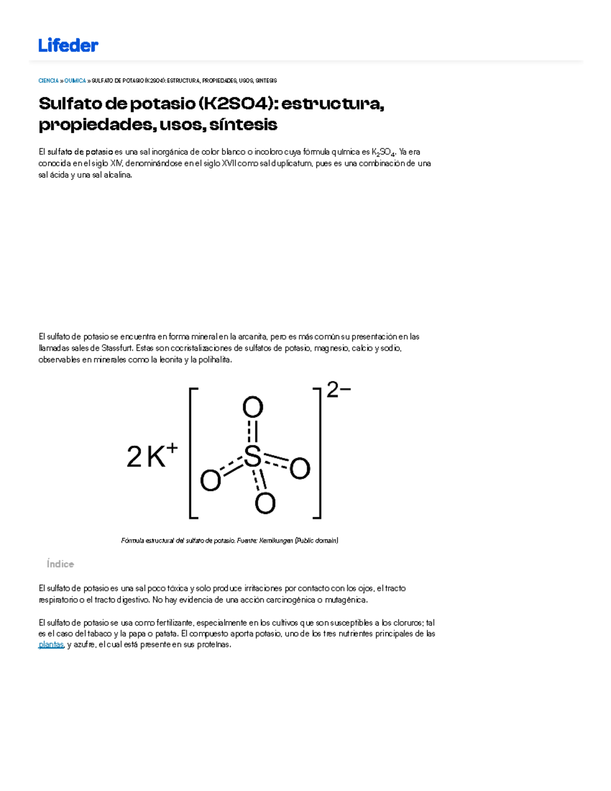 Sulfato de potasio (K2SO4) - CIENCIA » QUÍMICA » SULFATO DE POTASIO (K2SO4): ESTRUCTURA, - Studocu