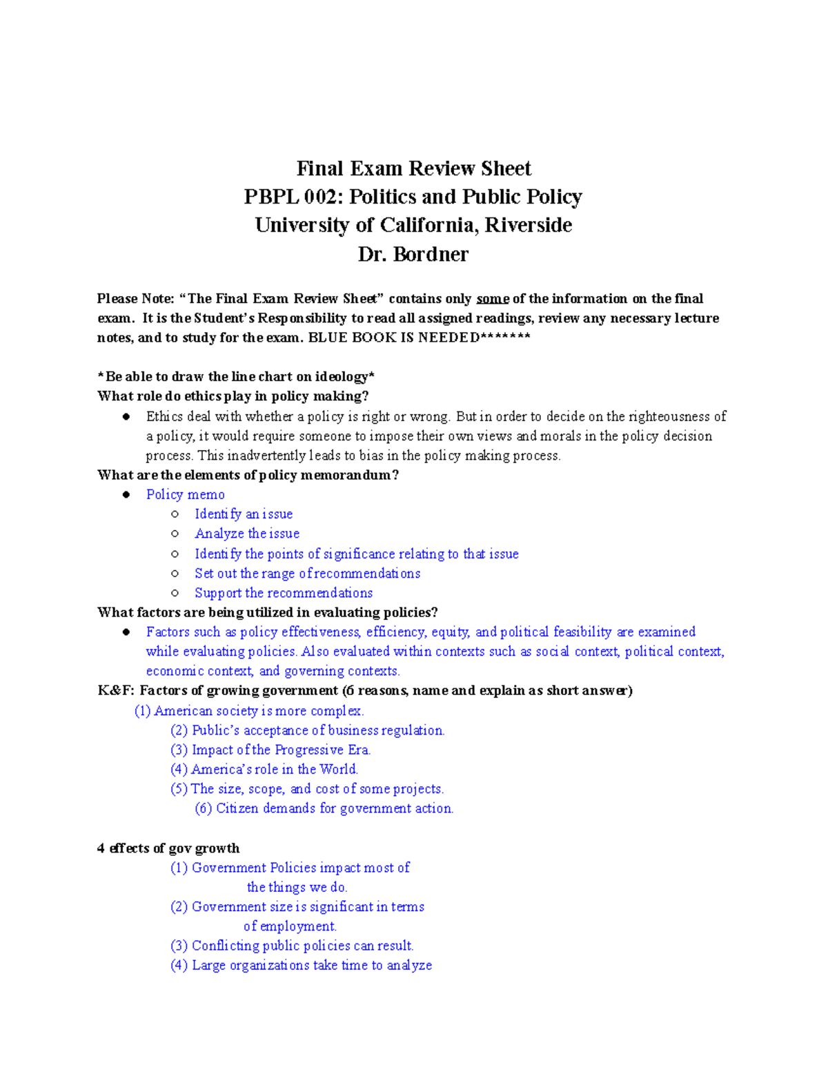 Pbpl 002 final exam review sheet - Final Exam Review Sheet PBPL 002: Politics and Public Policy ...