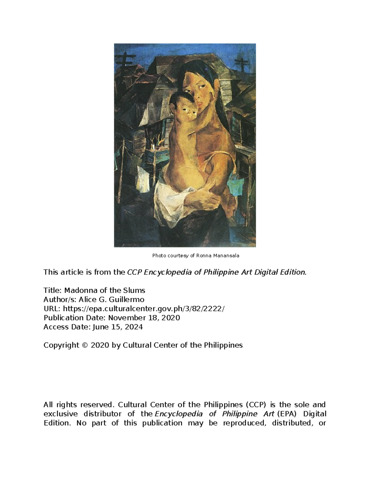 Madonna of the Slums. V. Manansala - Photo courtesy of Ronna Manansala ...