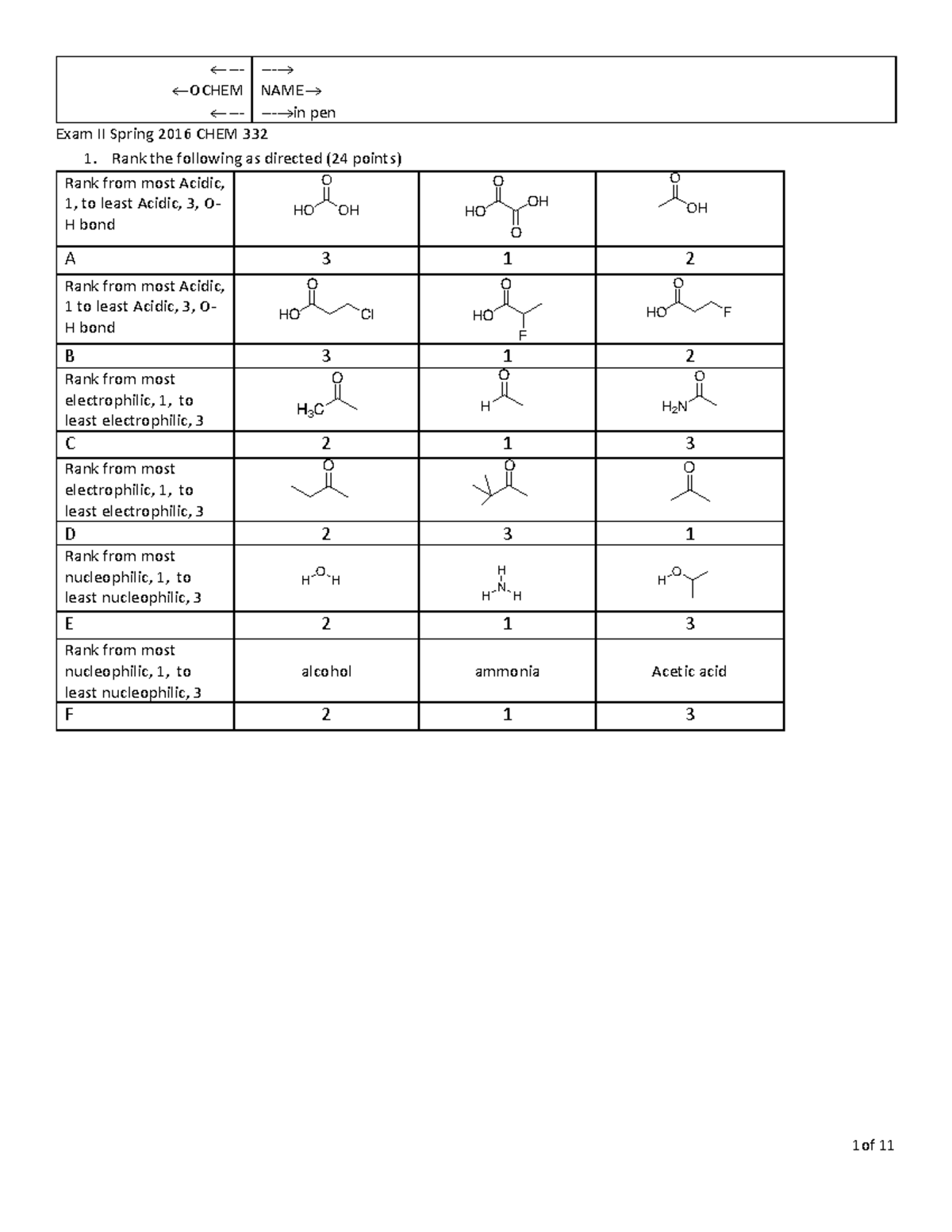 Exam 2 Key - Exam 2 Key - - OCHEM - NAME - in pen Exam II Spring 2016 CHEM 332 1. Rank the - Studocu