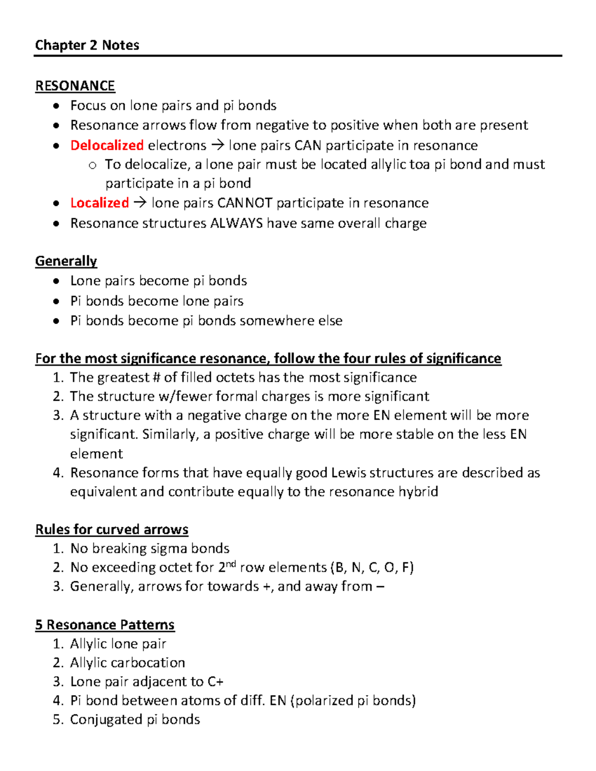 Ch 2 Notes - Dr. Werner - Chapter 2 Notes RESONANCE Focus on lone pairs ...