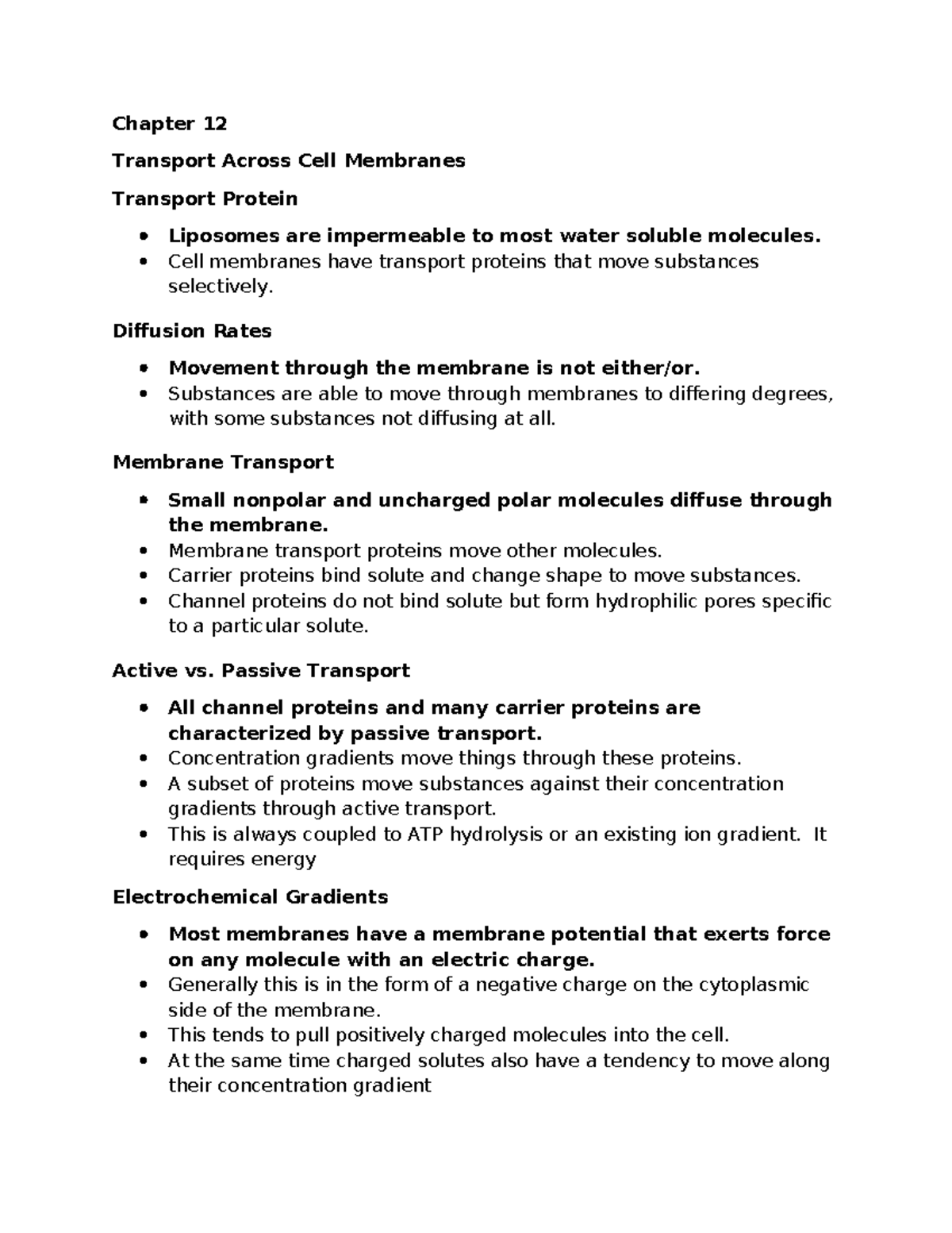 Chapter 12 Cell Biology Notes - Chapter 12 Transport Across Cell ...