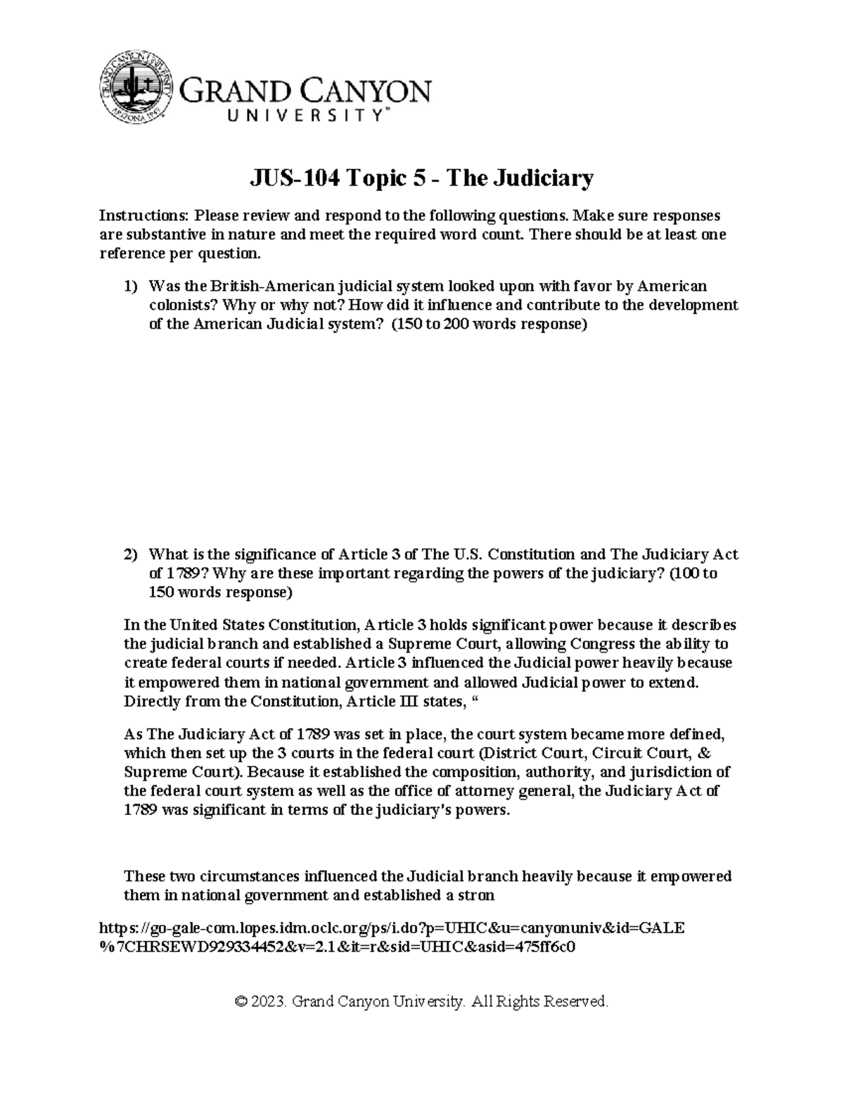 Judiciary WS Due Nov. 12 - JUS-104 Topic 5 - The Judiciary Instructions ...