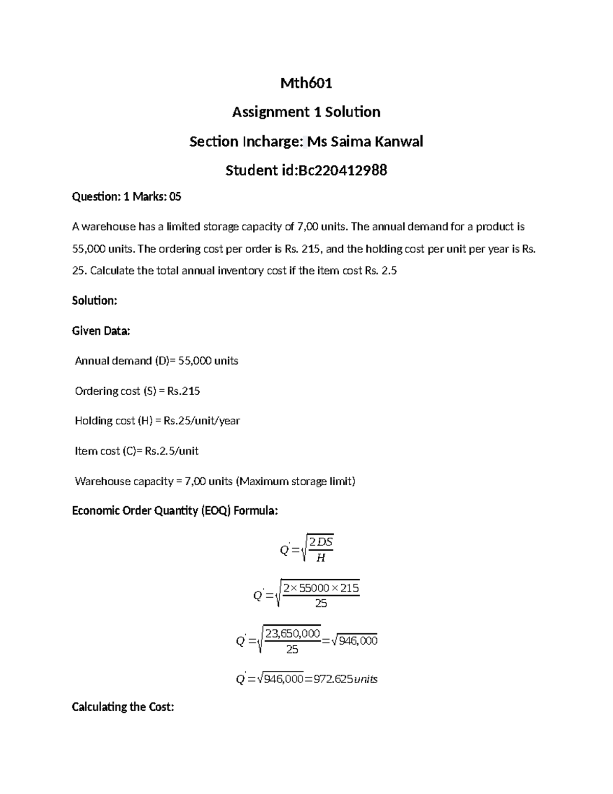 Mth601 assign 1 sol - Mth Assignment 1 Solution Section Incharge: Ms Saima Kanwal Student id:Bc ...