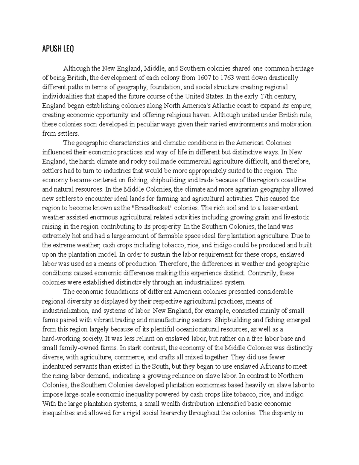 Apush LEQ - Analyze either the similarities or differences in the ...