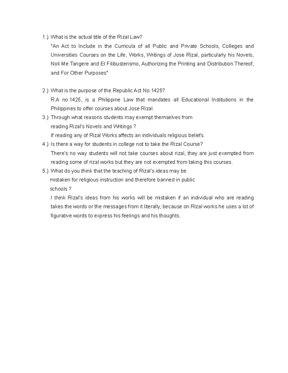 S1 - Educ Rizal - 1.) What is the actual title of the Rizal Law? "An Act to Include in the - Studocu