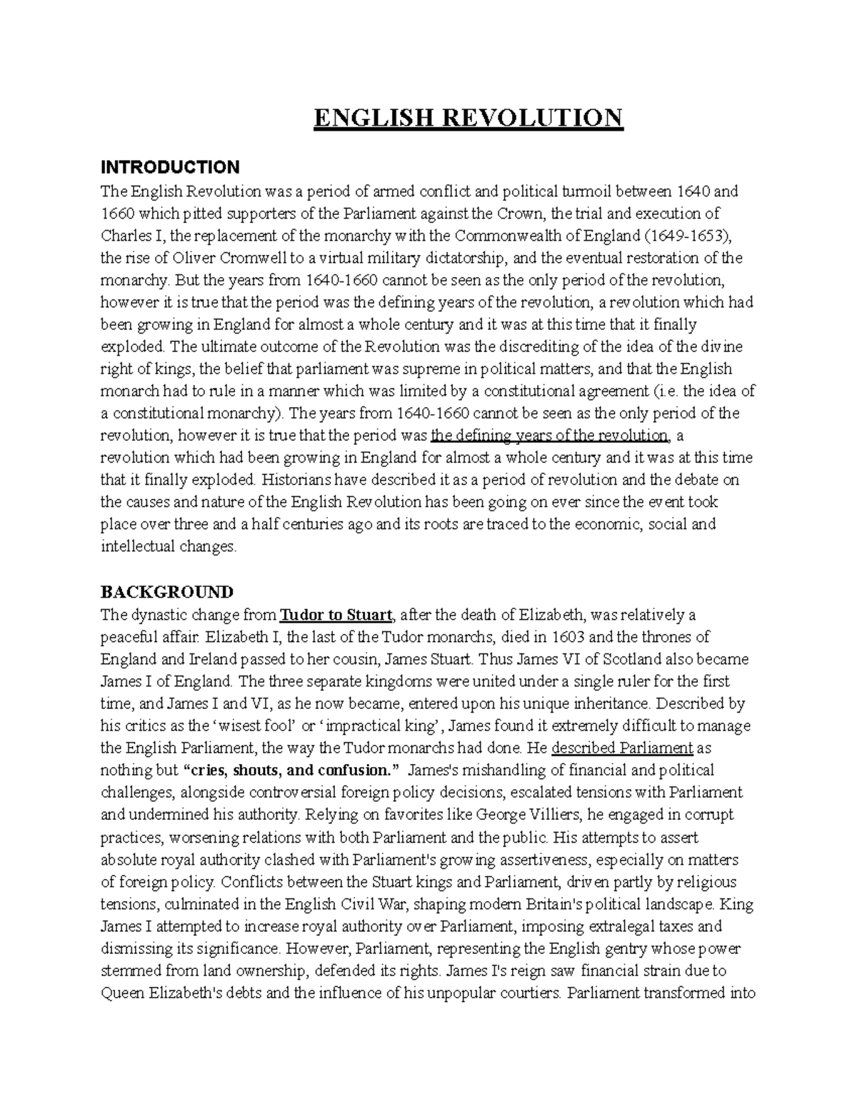 General Elective - ENGLISH REVOLUTION INTRODUCTION The English ...