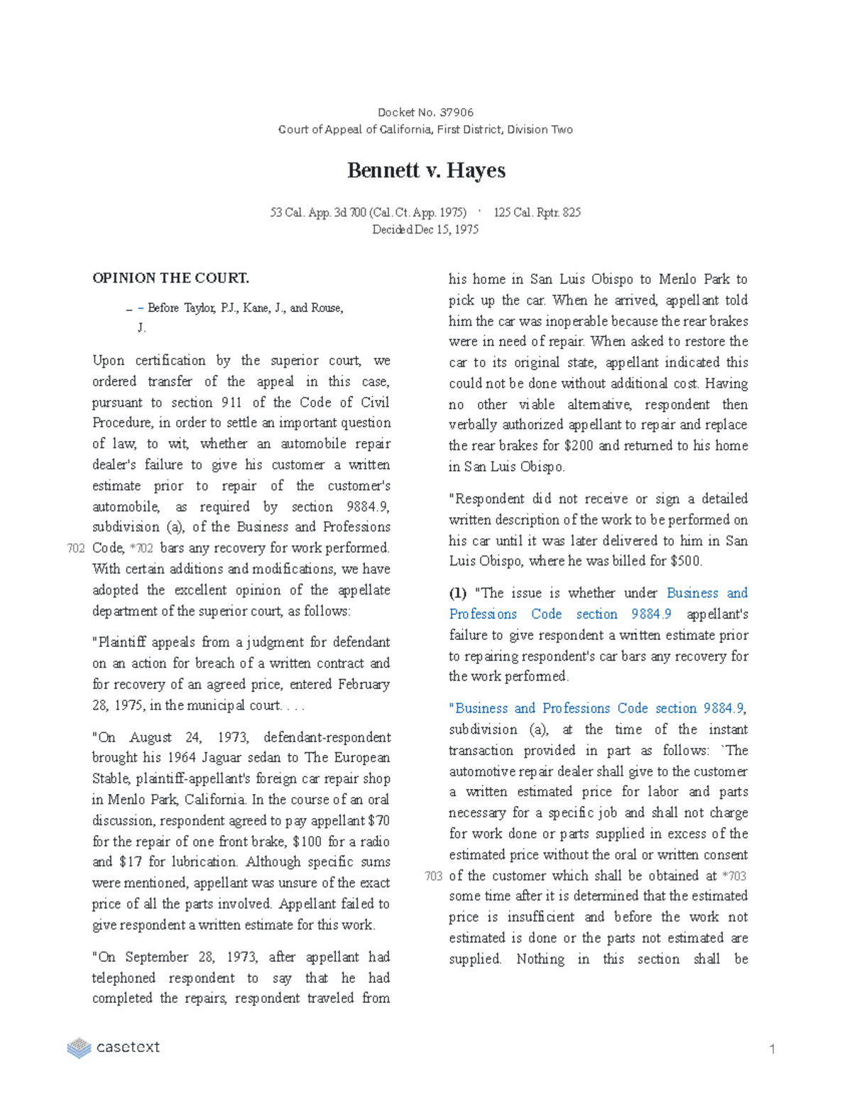 Bennett V Hayes - Docket No. 37906 Court of Appeal of California, First District, Division Two ...