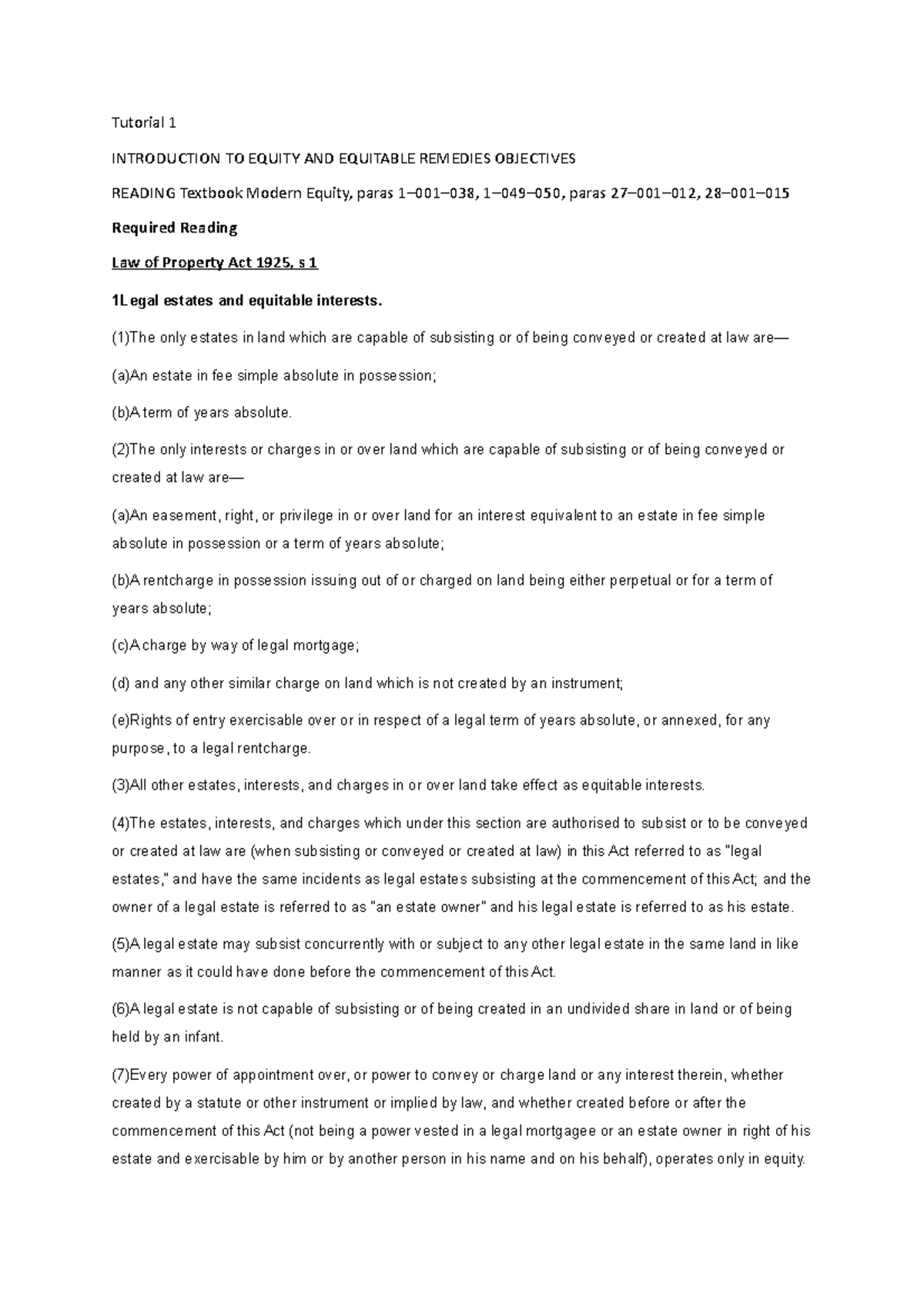 Trusts Tutorial 1 - INTRODUCTION TO EQUITY AND EQUITABLE REMEDIES OBJECTIVES - Tutorial 1 - Studocu