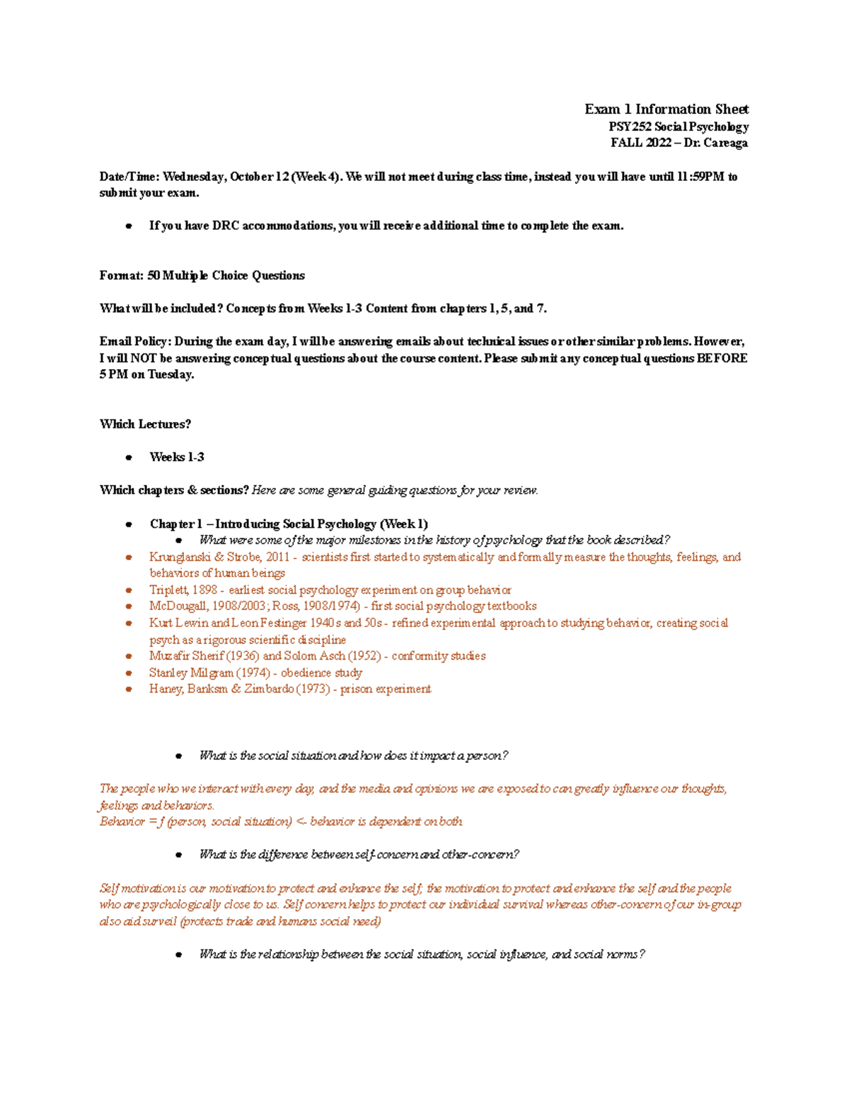 Exam 1 Information Sheet - Exam 1 Information Sheet PSY252 Social Psychology FALL 2022 3 Dr ...