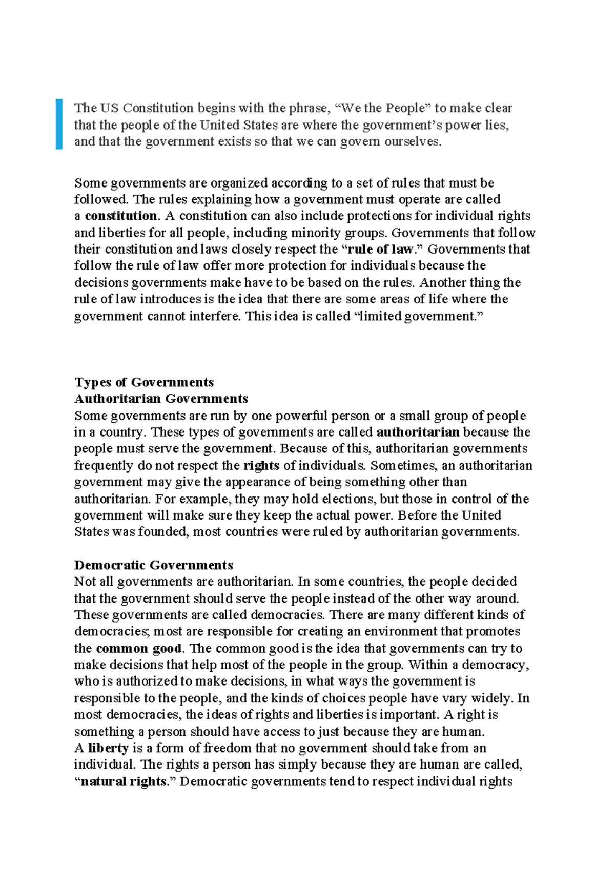 Types of govt - The US Constitution begins with the phrase, “We the ...