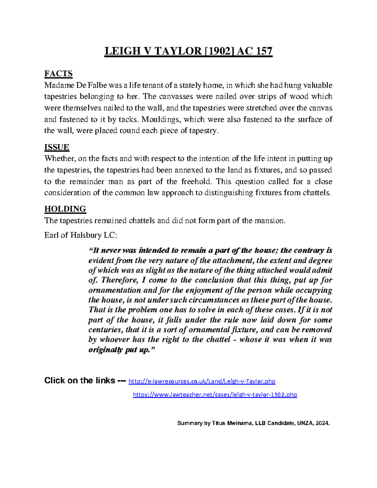 Leigh V Taylor [1902] AC 157 - LEIGH V TAYLOR [1902] AC 157 FACTS ...