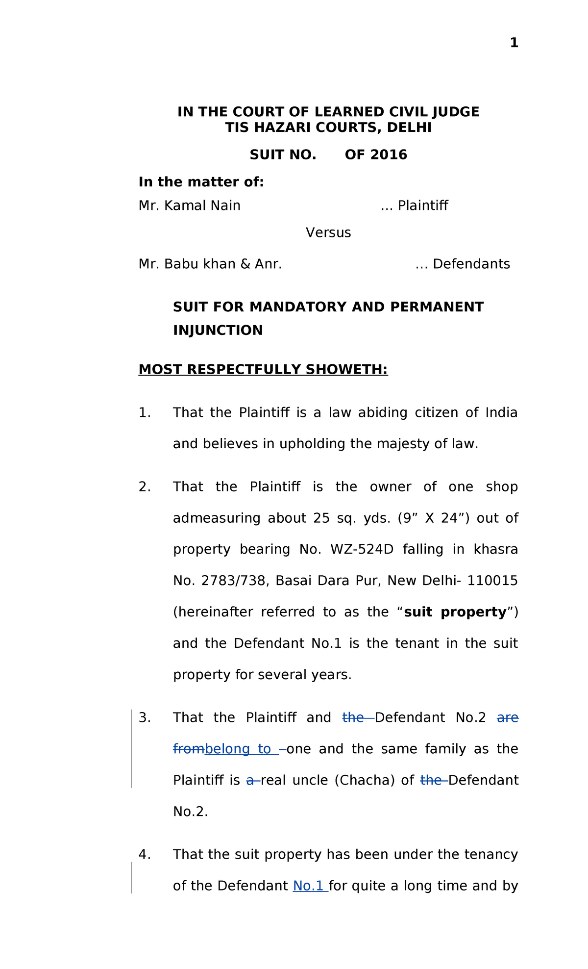 01 Suit for mandatory and permanent injunction - IN THE COURT OF ...