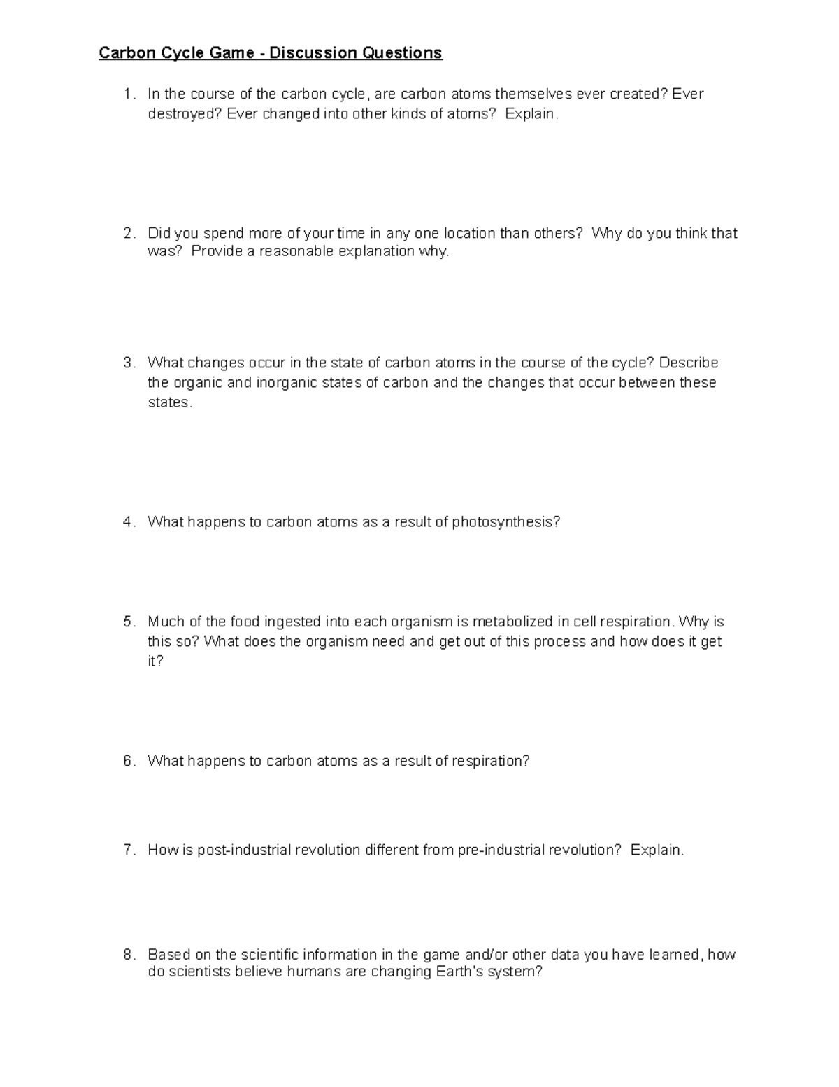 Carbon Cycle Game - Discussion Questions - Did you spend more of your ...