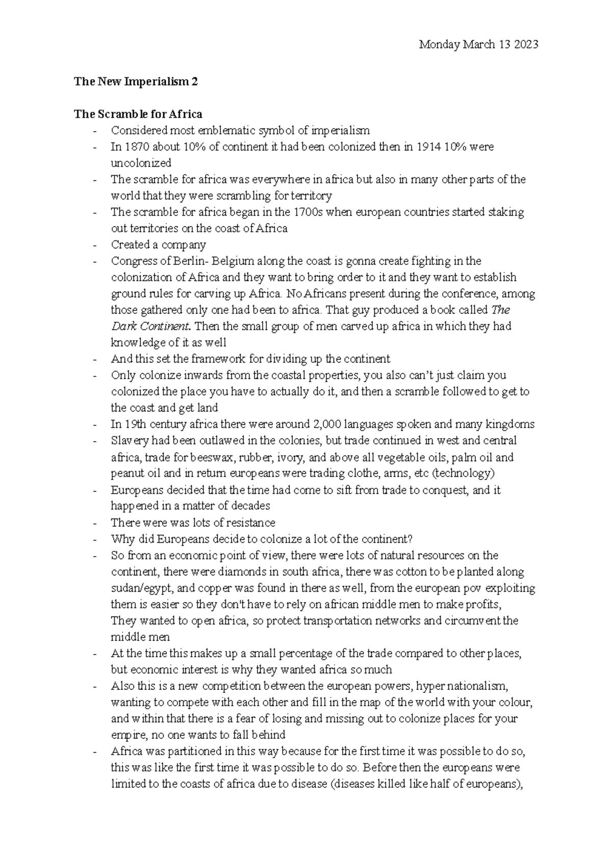 HIST 106- Day 16 Notes - Monday March 13 2023 The New Imperialism 2 The ...