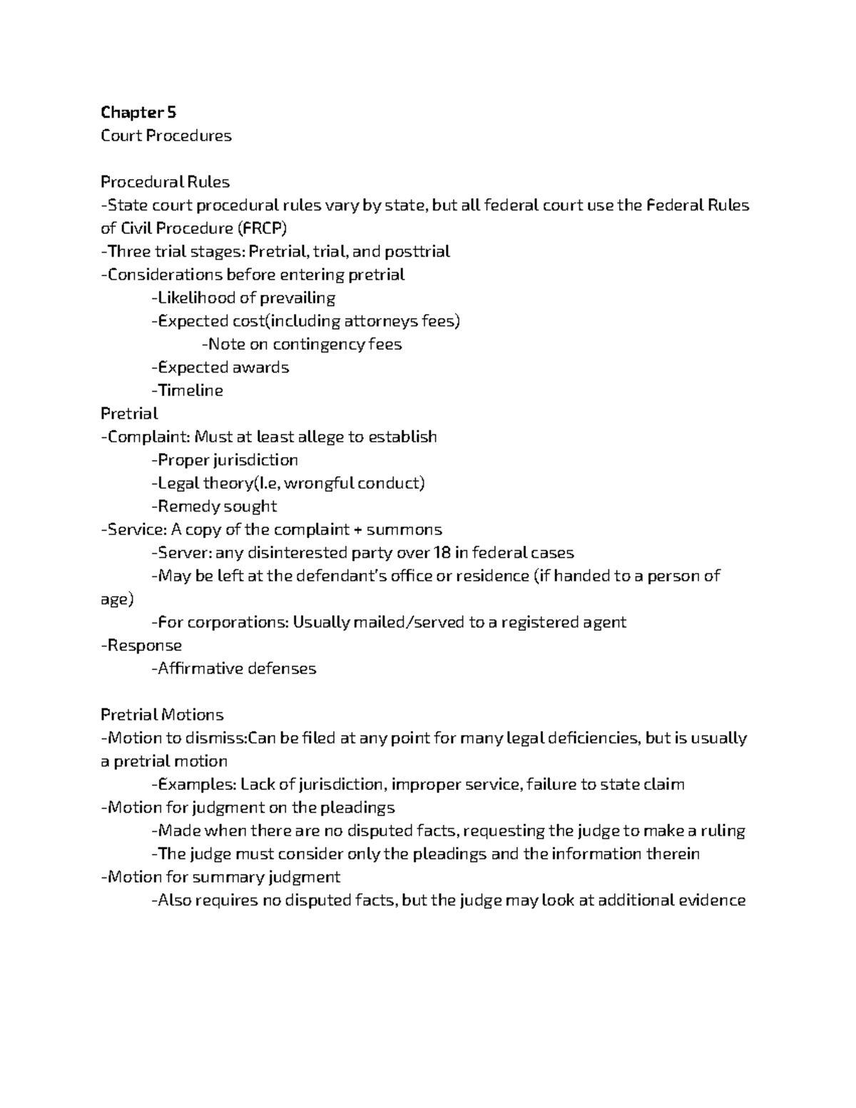 Chapter 5 Notes - Chapter 5 Court Procedures Procedural Rules -State ...