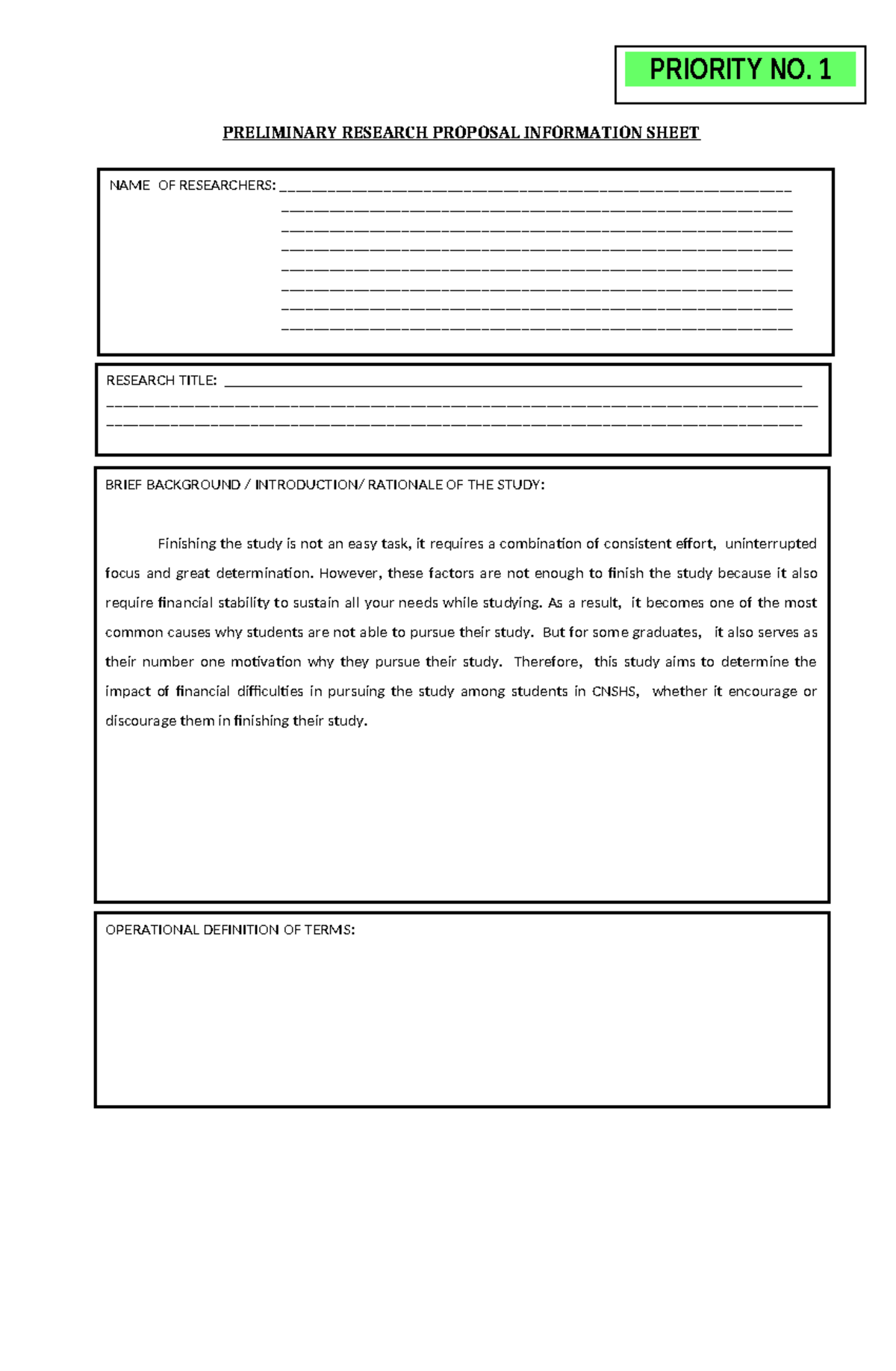 Topic-proposal-template - PRELIMINARY RESEARCH PROPOSAL INFORMATION SHEET NAME OF RESEARCHERS ...