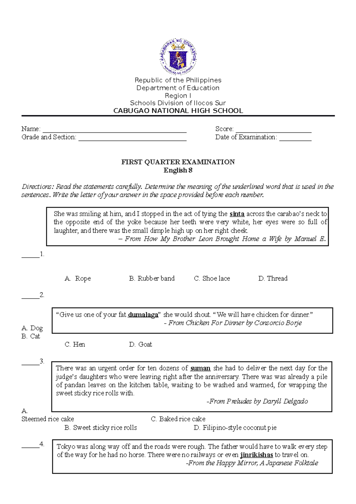 First Periodical Test - Republic of the Philippines Department of ...
