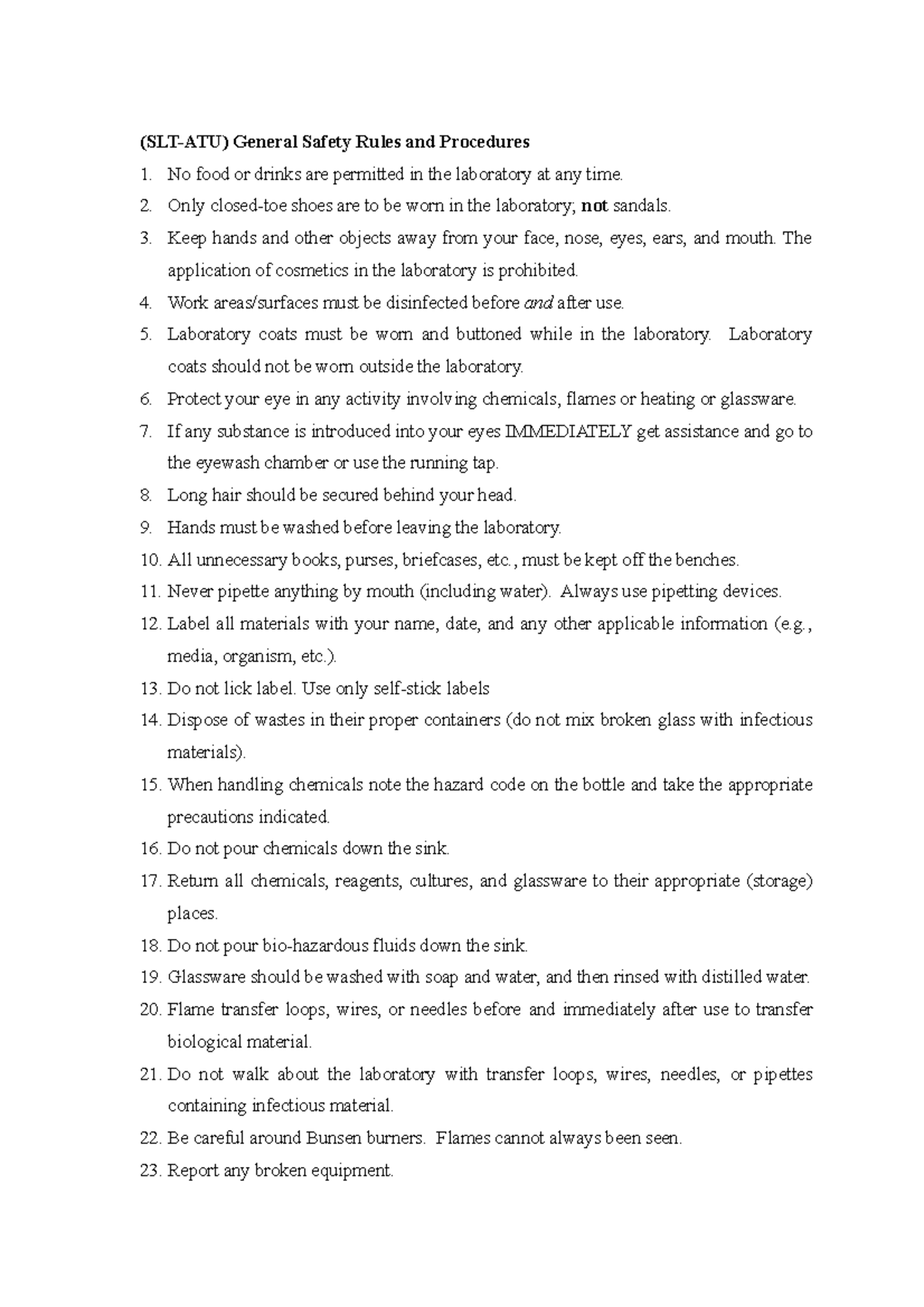 SLT general laboratory rules and procedures - (SLT-ATU) General Safety ...