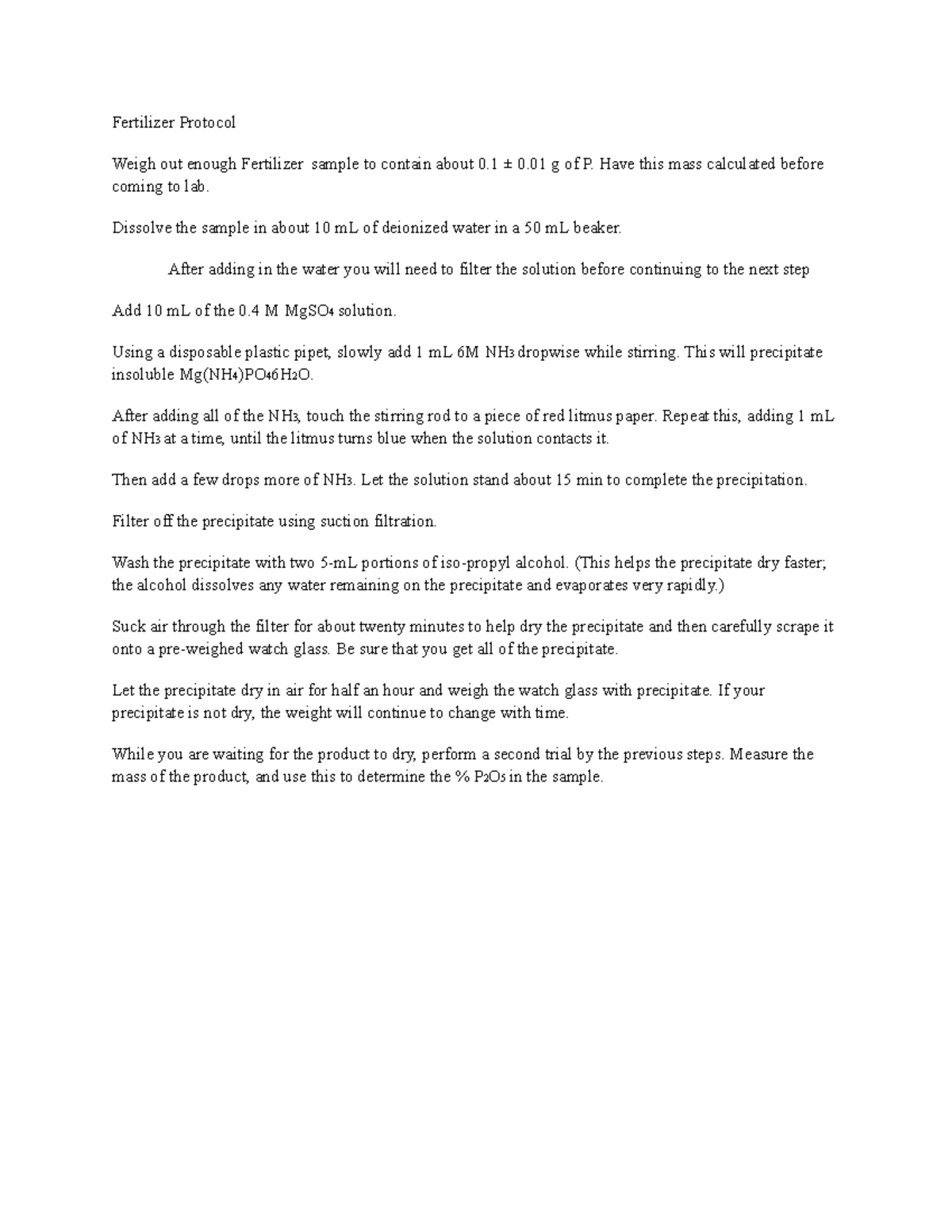 Chem Protocol -2 - Fertilizer Protocol Weigh out enough Fertilizer ...