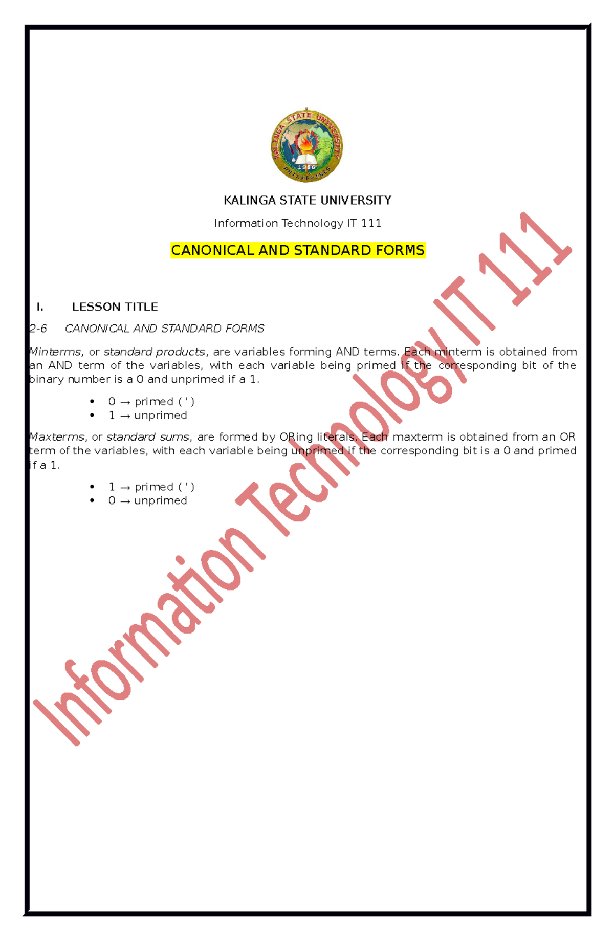 Canonical AND Standard Forms - KALINGA STATE UNIVERSITY Information ...