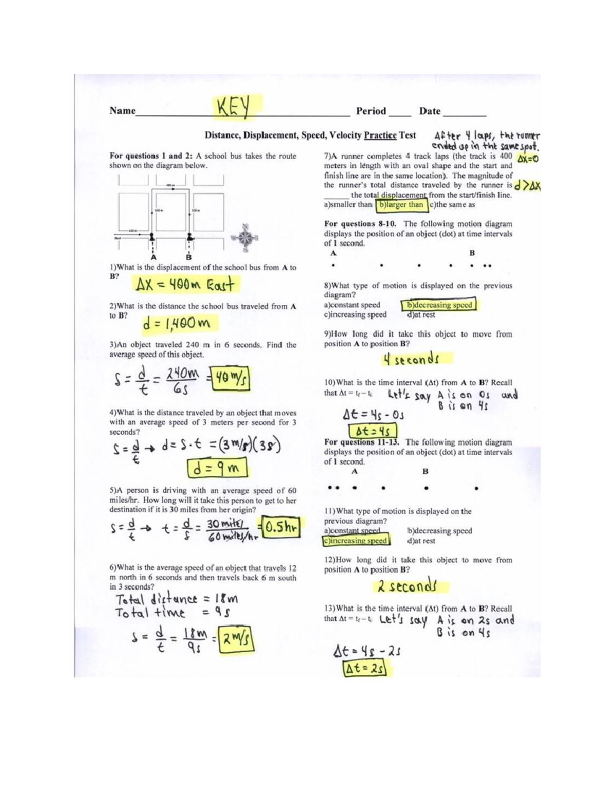 Ap Physics Distance Displacement Speed Velocity Practice Test