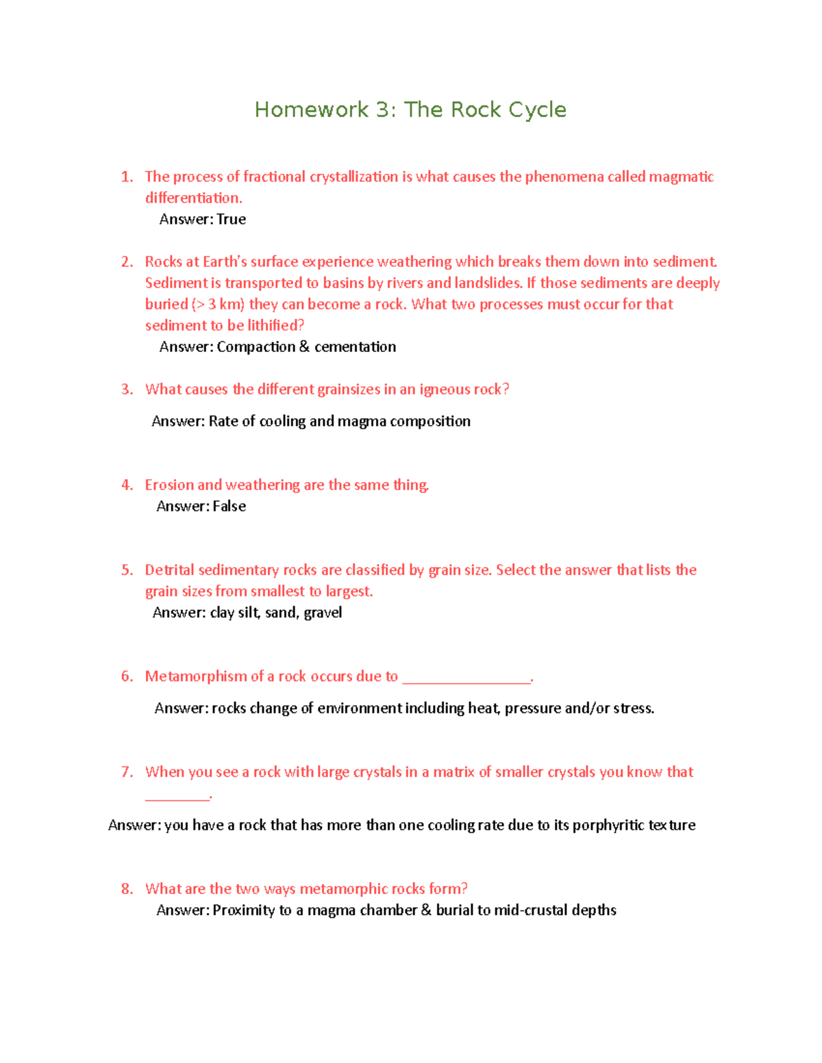 The Rock Cycle and Sedimentary Rocks: Homework 3 Quiz - Studocu