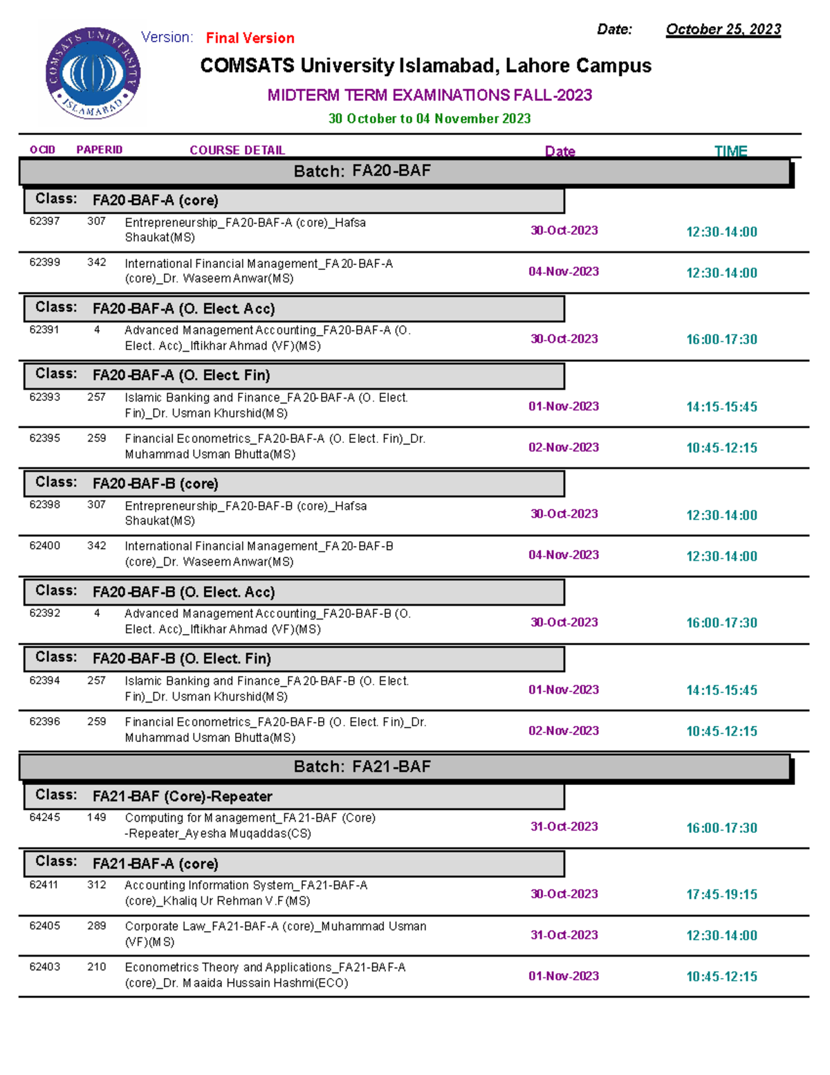 Date Sheet-Midterm-Fall2023 - COMSATS University Islamabad, Lahore Campus MIDTERM TERM ...