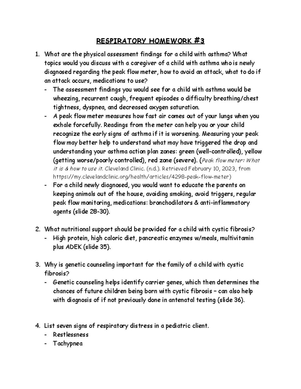 Resp HW - respiratory homework pediatrics - RESPIRATORY HOMEWORK What ...