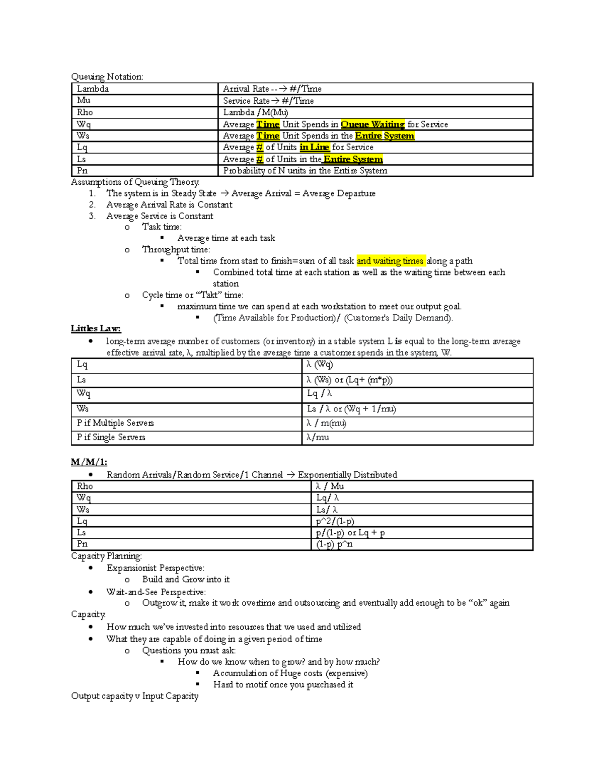 Supply Chain Exam 2 Study Guide - Queuing Notation: Lambda Arrival Rate -à #/Time Mu Service ...
