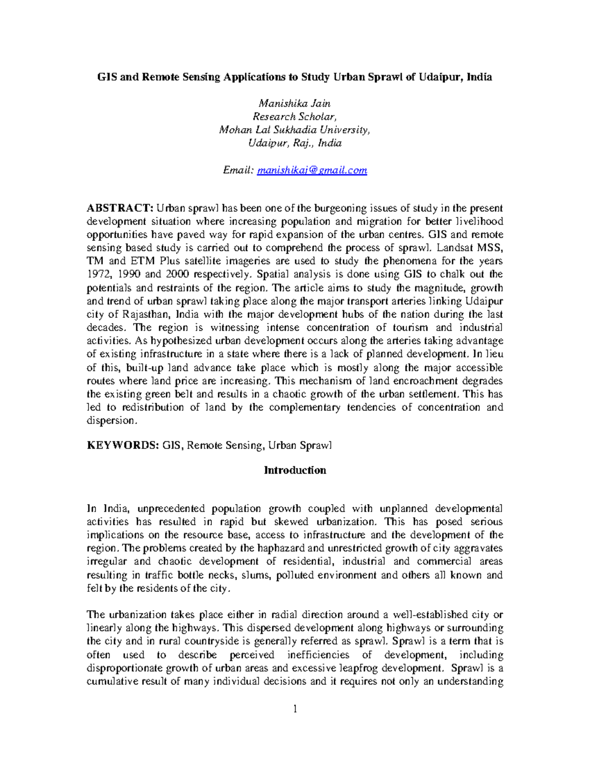 3 - GIS - GIS and Remote Sensing Applications to Study Urban Sprawl of Udaipur, India Manishika ...
