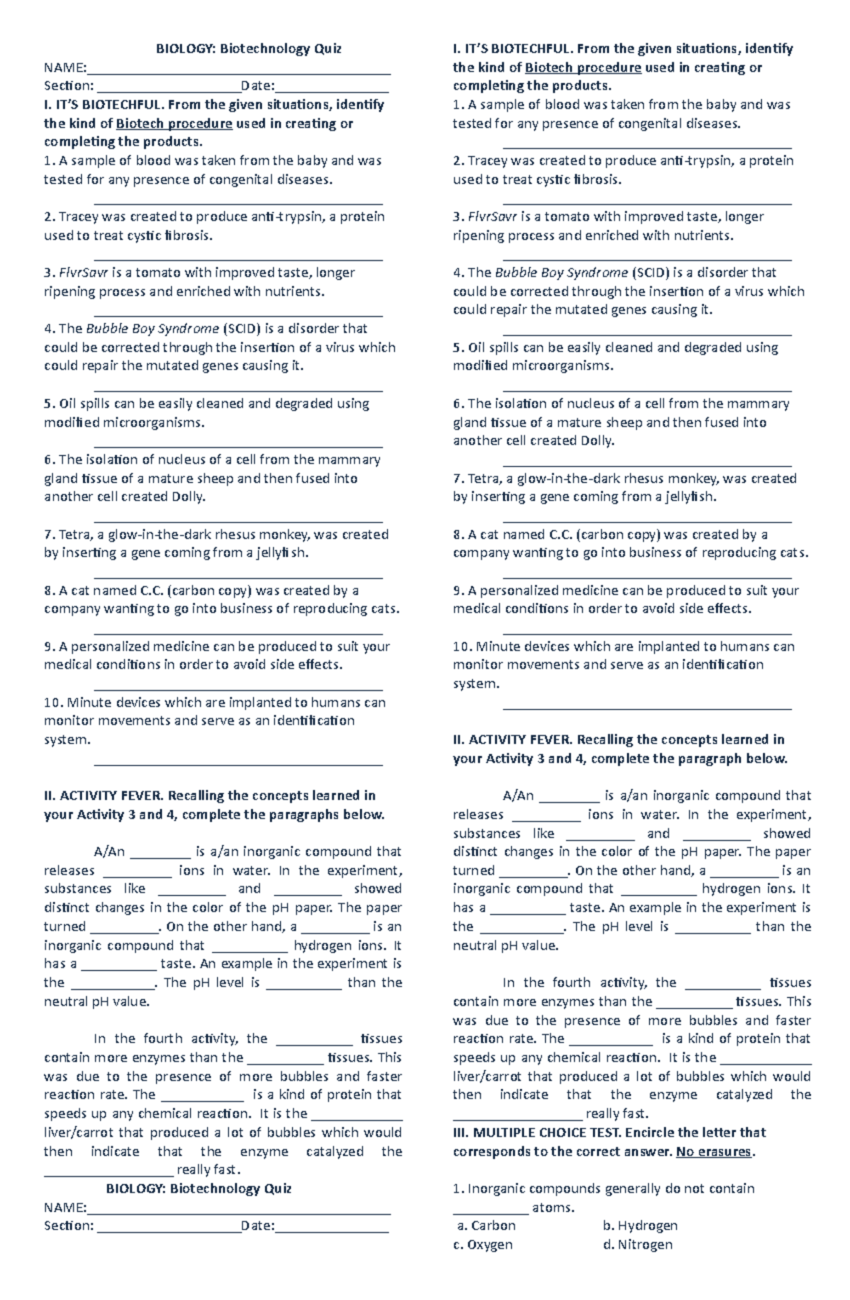 Biotechnology - Practice worksheets and study materials - BIOLOGY ...