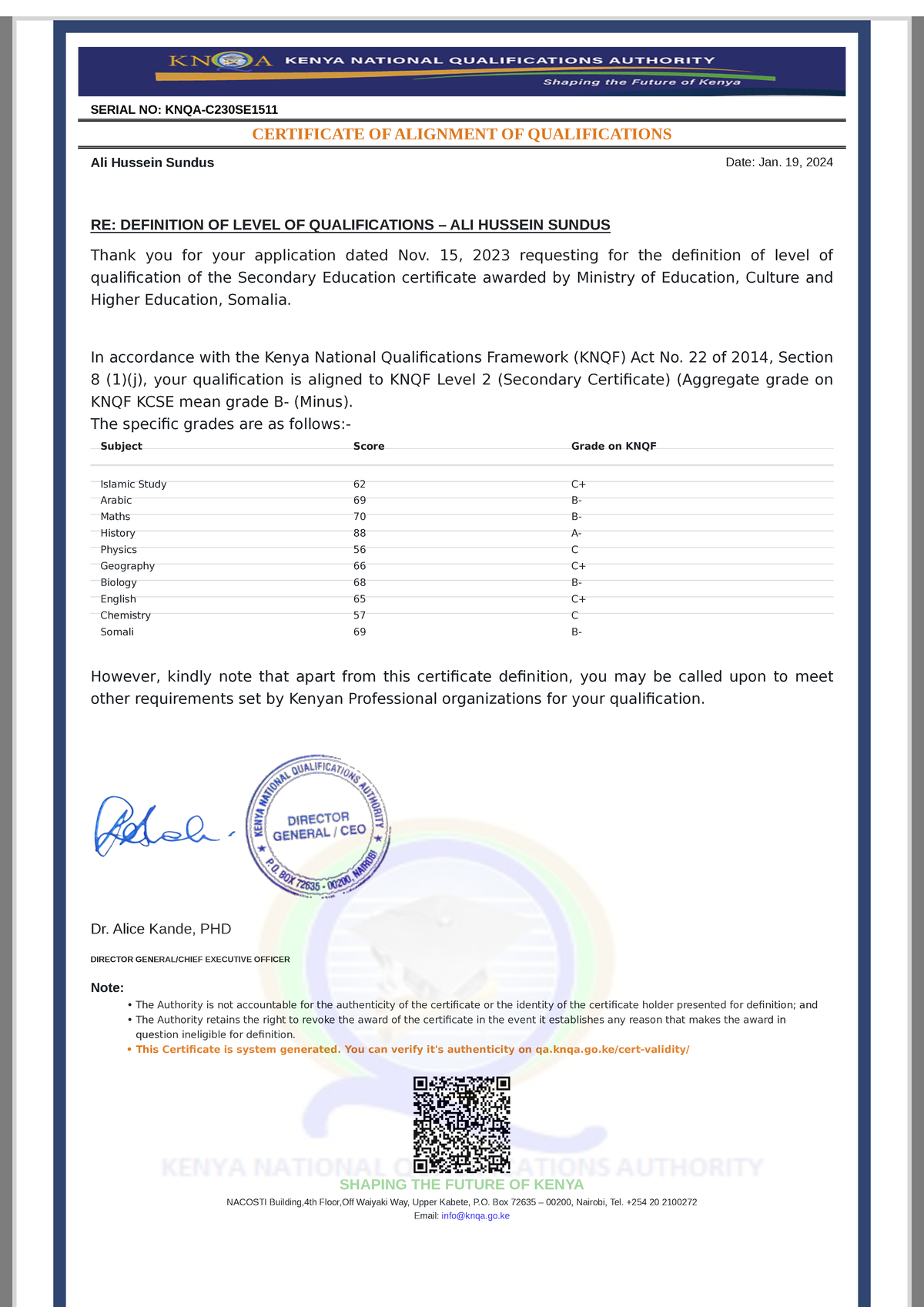 ALI Hussein Somali Secondary Education Certificate - SERIAL NO: KNQA ...