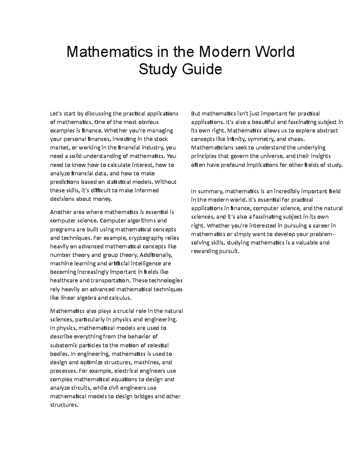 Mathematics in the Modern World Study Guide - Mathematics in the Modern ...