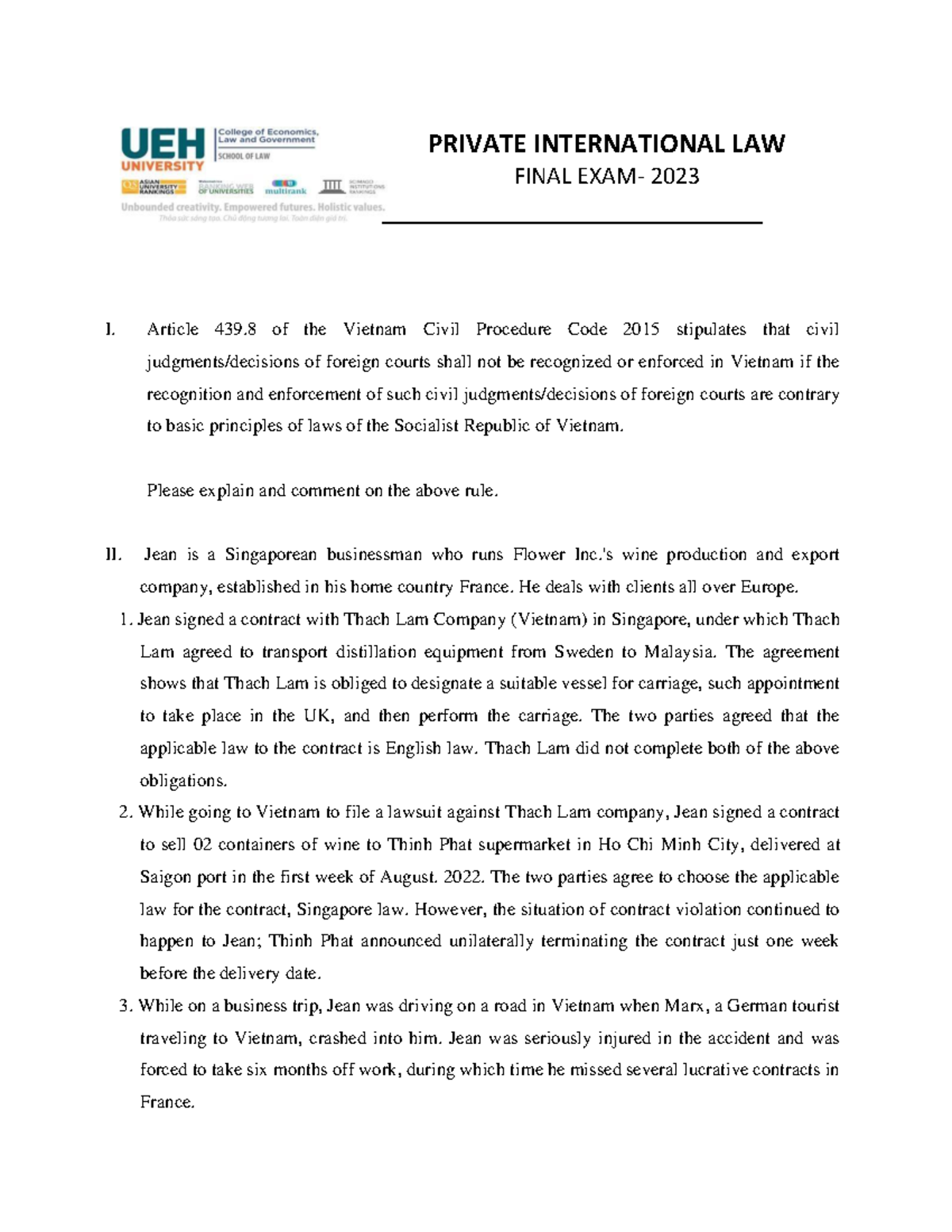 Final EXAM 2023 TPQT - Luật - PRIVATE INTERNATIONAL LAW FINAL EXAM ...