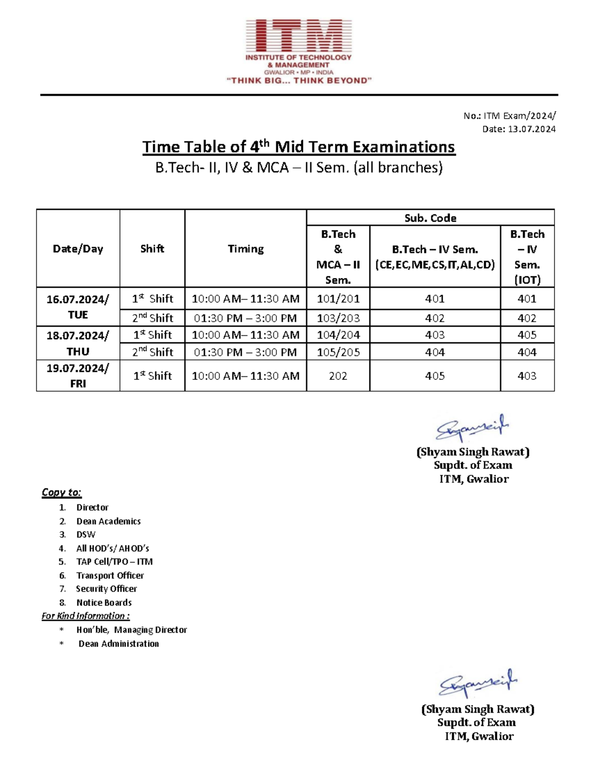 4th midterm - Time table - No.: ITM Exam/2024/ Date: 13 .0 7. Time Table of 4 th Mid Term - Studocu