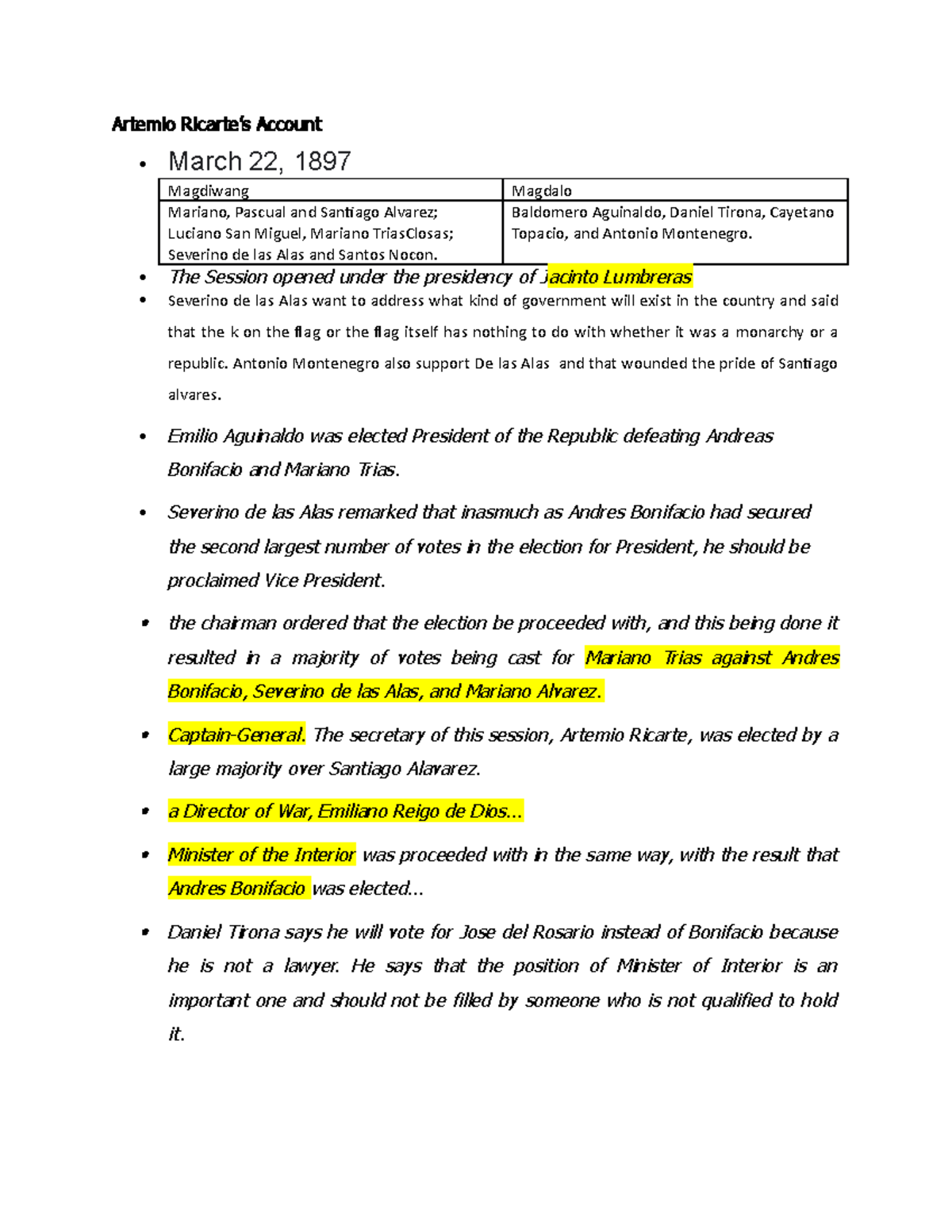 Artemio Ricarte - accounts - Artemio Ricarte’s Account March 22, 1897 ...