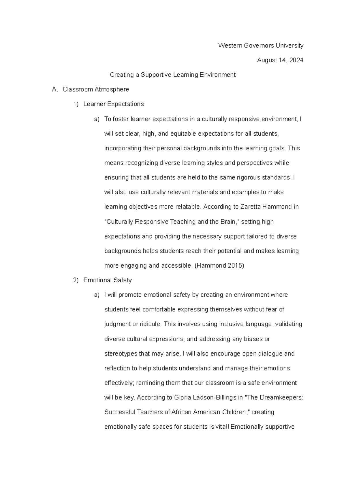 D186 TASK 1 - Creating a Supportive Learning Environment - Western Governors University August ...