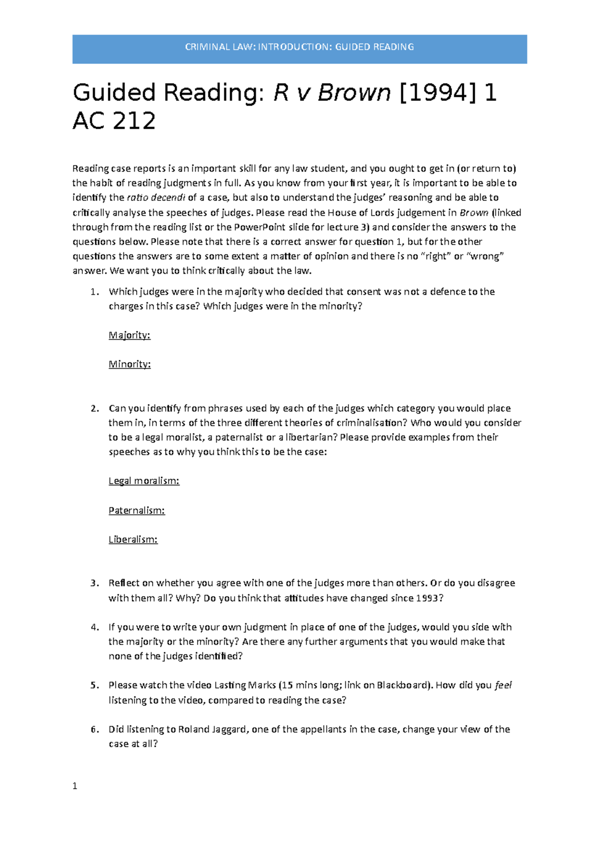 Guided Reading: R v Brown [1994] 1 AC 212 - Guided Reading: R v Brown ...