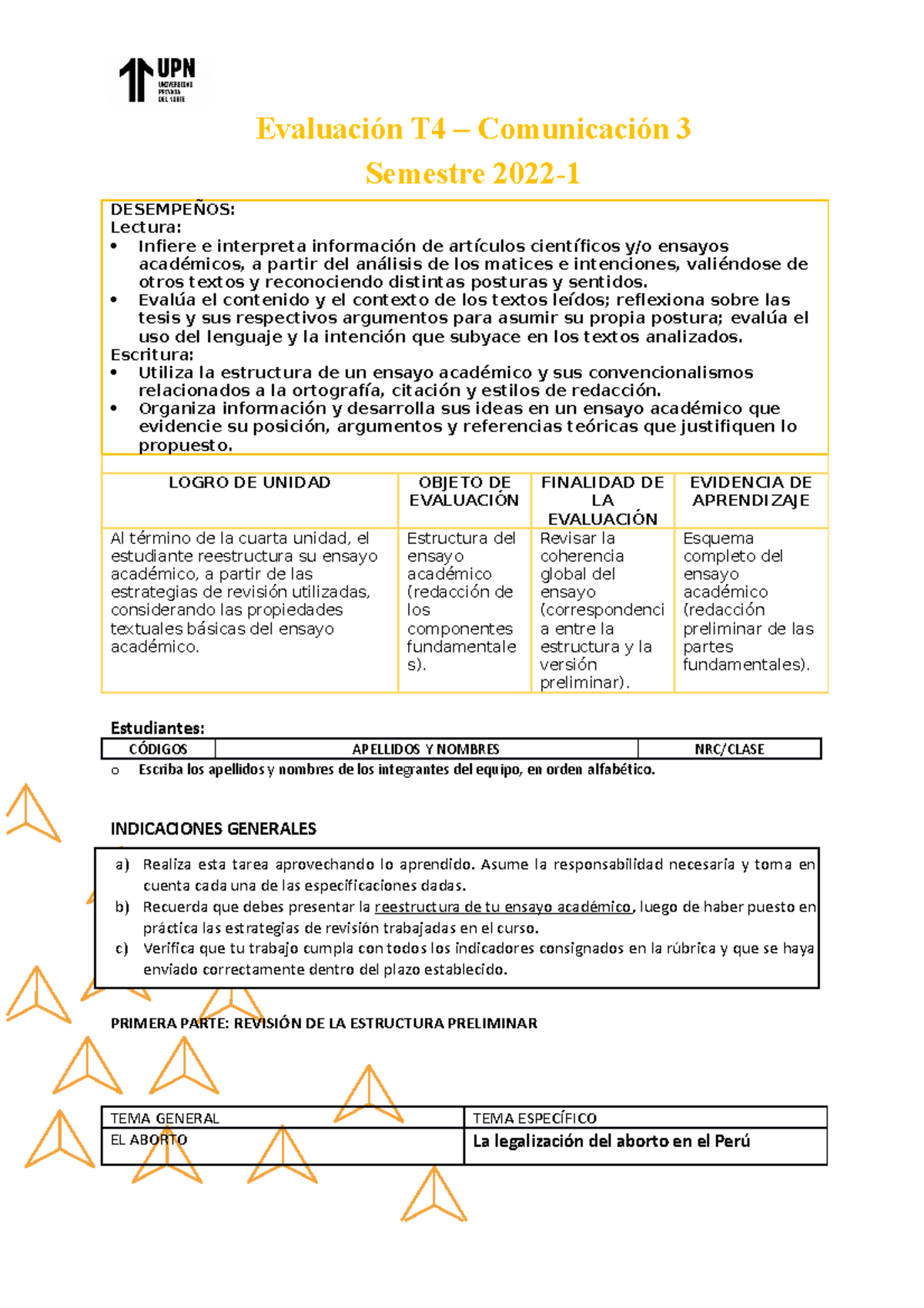 .T4 COMU - t4 de comunicación 3 - Evaluación T4 – Comunicación 3 Semestre 2022- DESEMPEÑOS ...