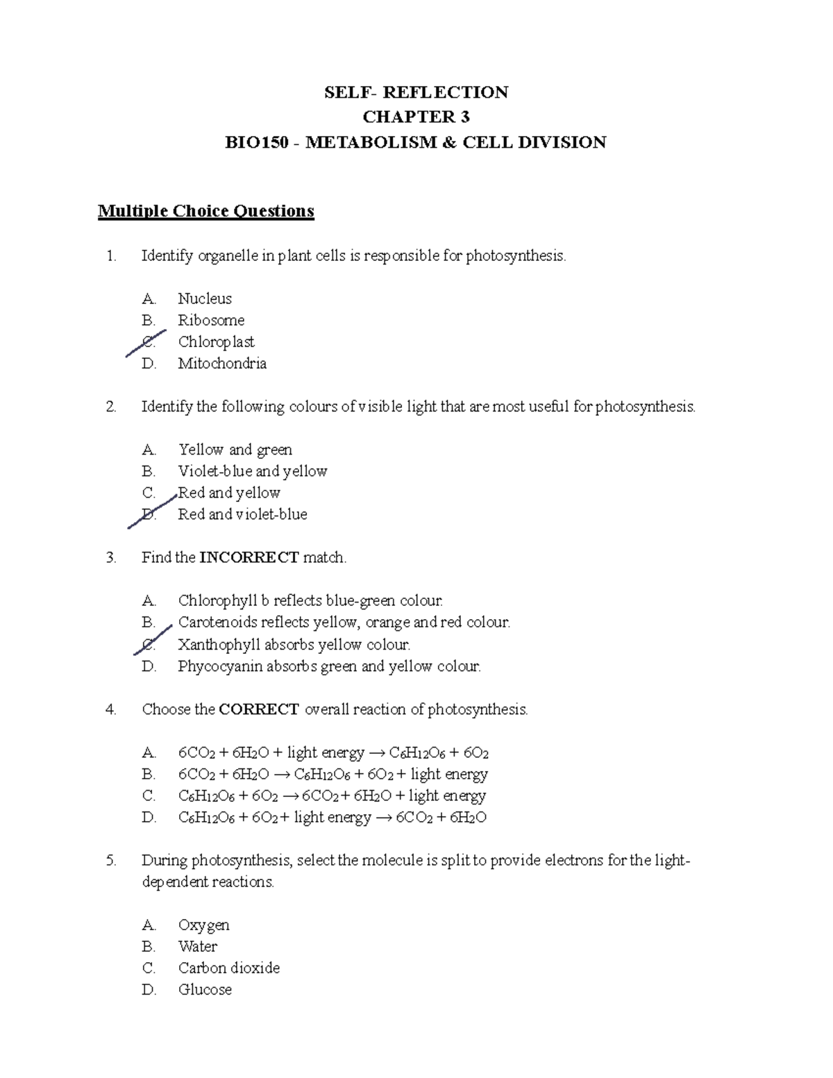 BIO150 SELF- Reflection Chapter 3 🤟 - SELF- REFLECTION CHAPTER 3 BIO150 - METABOLISM & CELL ...